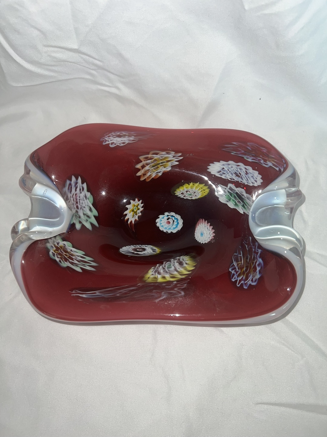 Murano Millefiori Red Bowl Candy Dish Art Glass Red Tutti Fruity Vintage