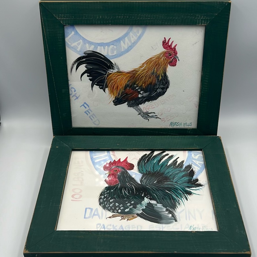 48 Marcia Wills Rooster & Chicken Original Signed Watercolors 12.5x10.5