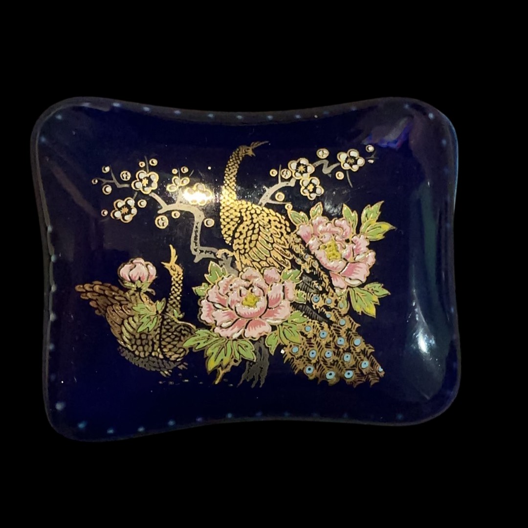 Vintage Royal Blue Asahi Japan Porcelain Trinket Box With Peacocks And ...
