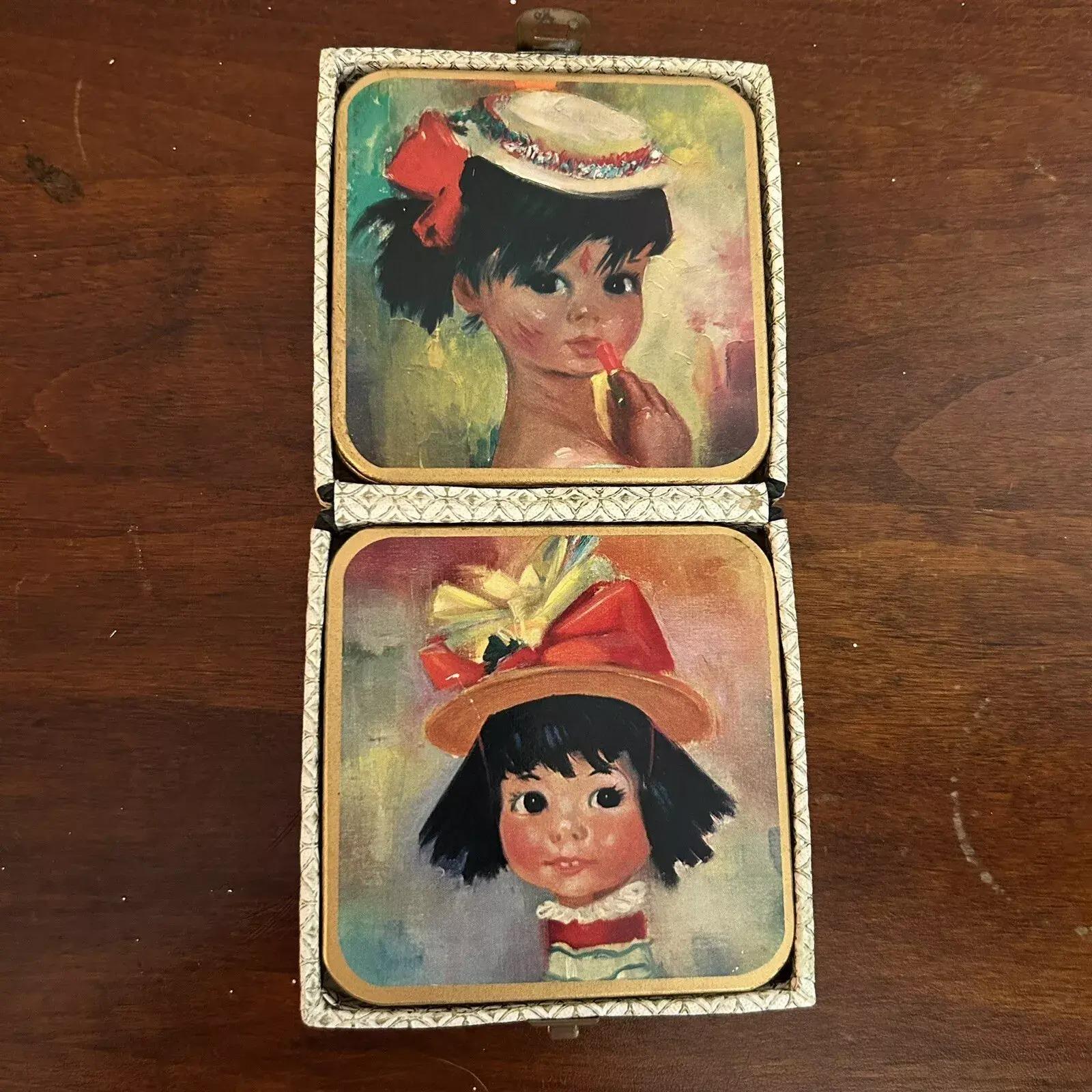 Vintage Complete Set In Case Big Eyed Children Win El Ware Coasters READ