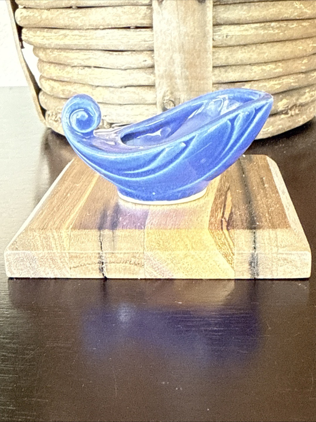 Vintage Cobalt Blue Ceramic Shell Shaped Salt Cellar Trinket Dish