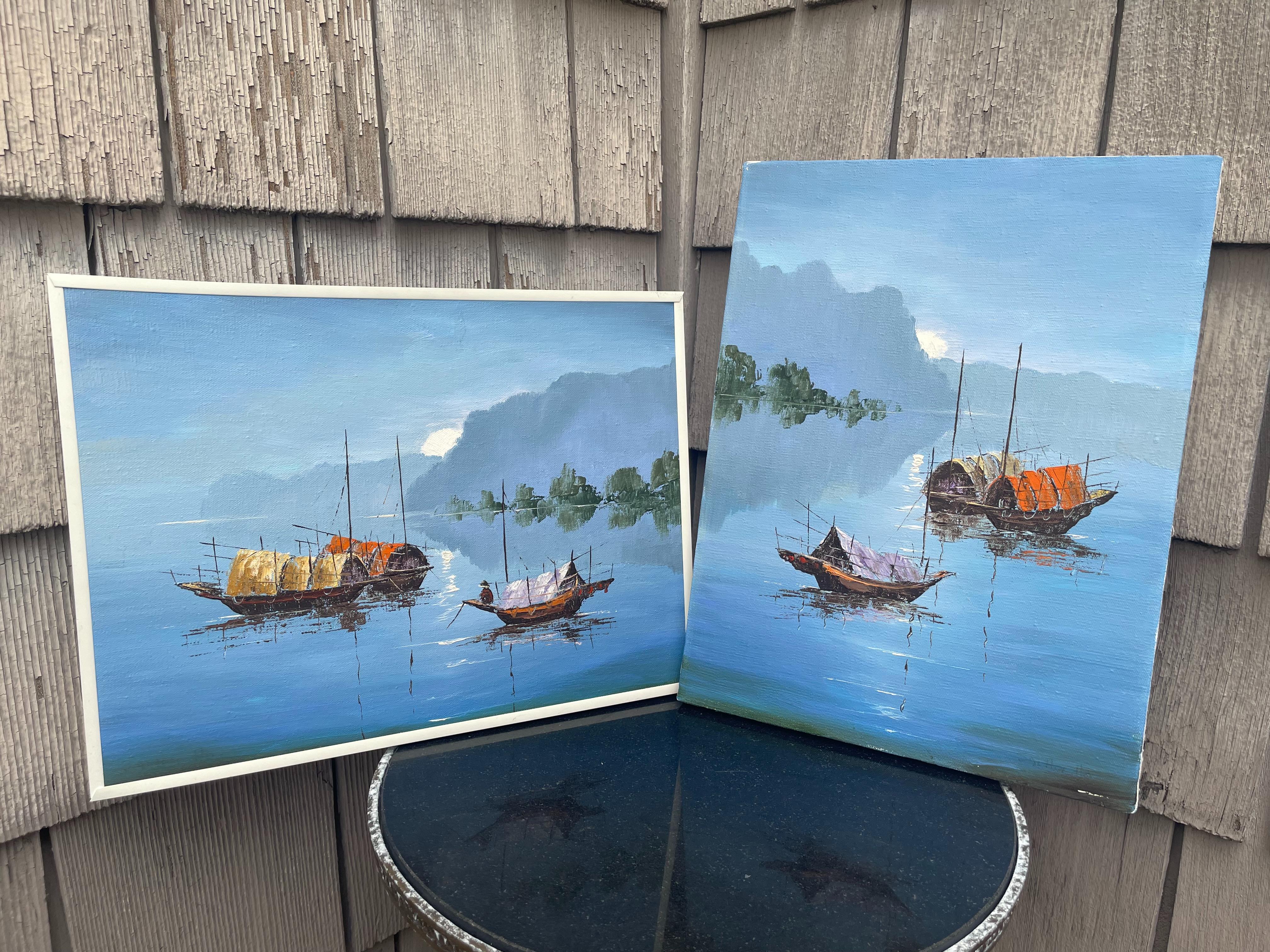 Sai Hoi Ho Oil Canvas Painting Lot of 2 Asian Fishing Boats Original ...