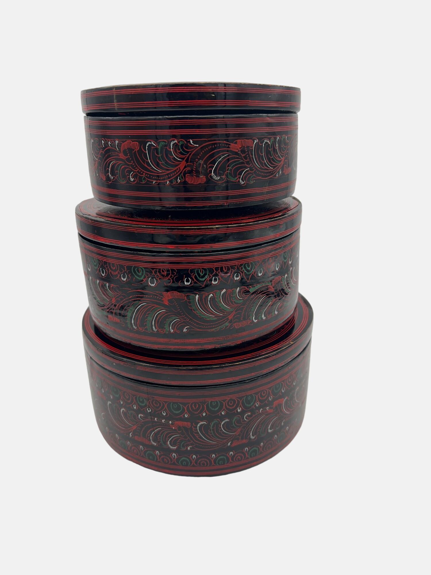 3 Handcrafted Round Lacquerware Nesting Storage Boxes Red & Black Patterns