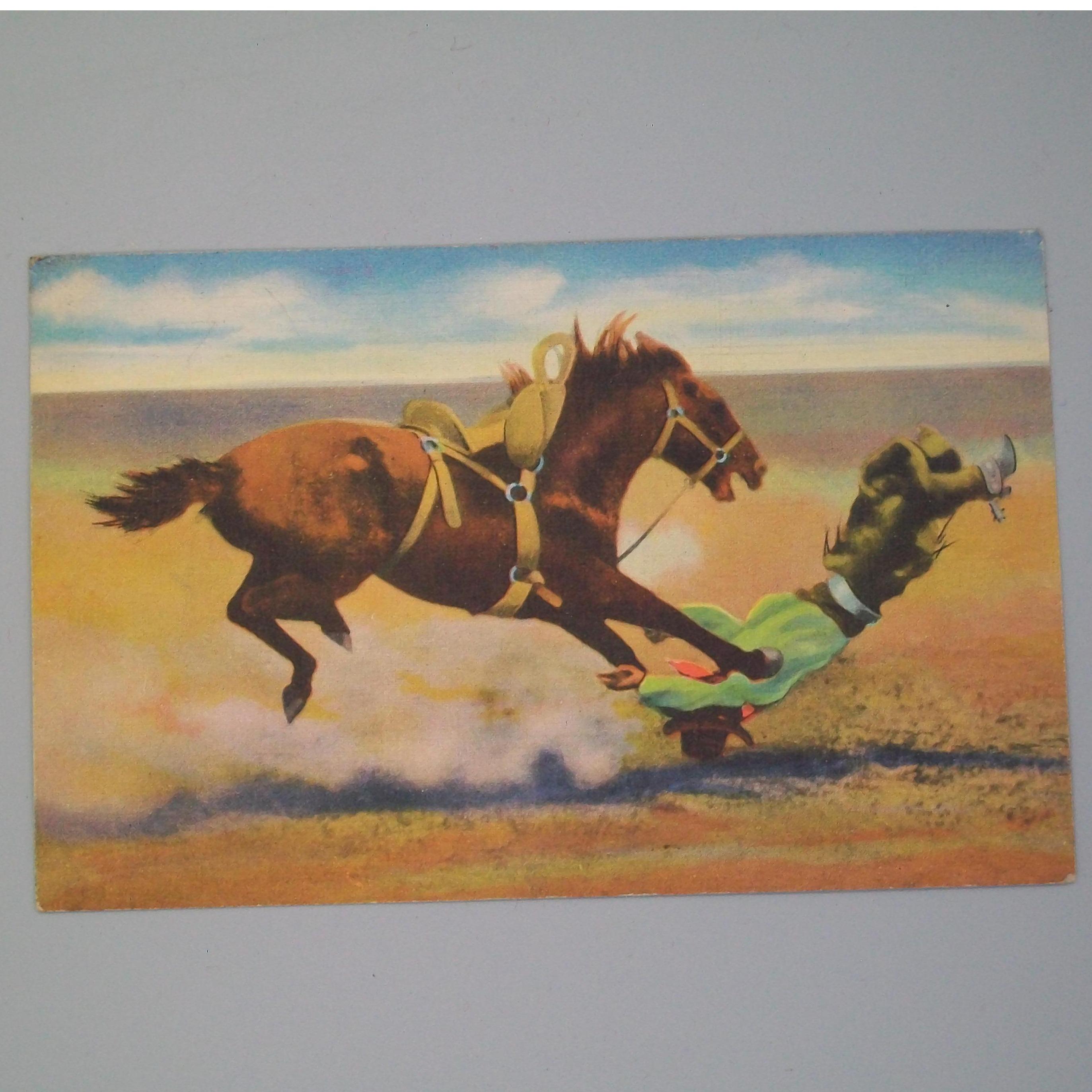 Vintage Cowboy Falling From Horse Spills and Thrills Posted 1946 Linen ...