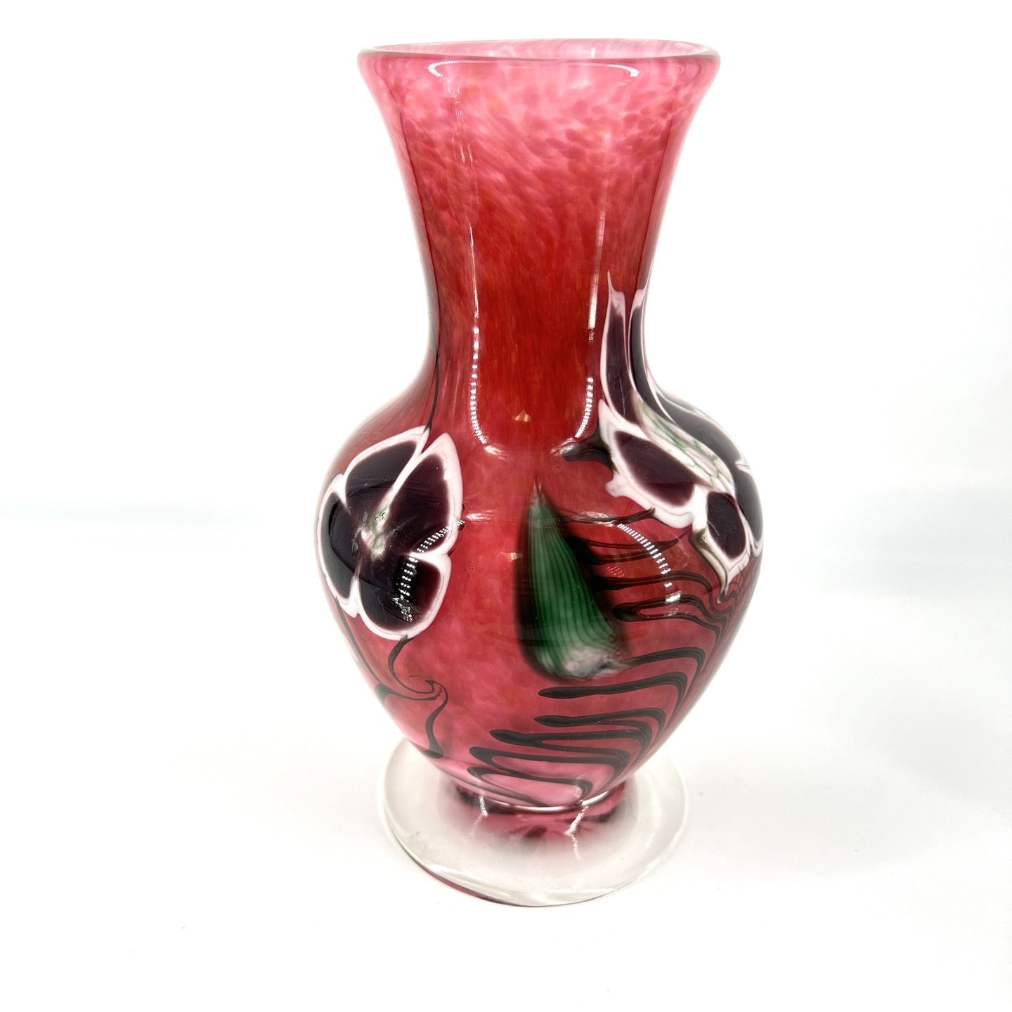 Vandermark Pink Paperweight Art Glass Floral Cased Vase