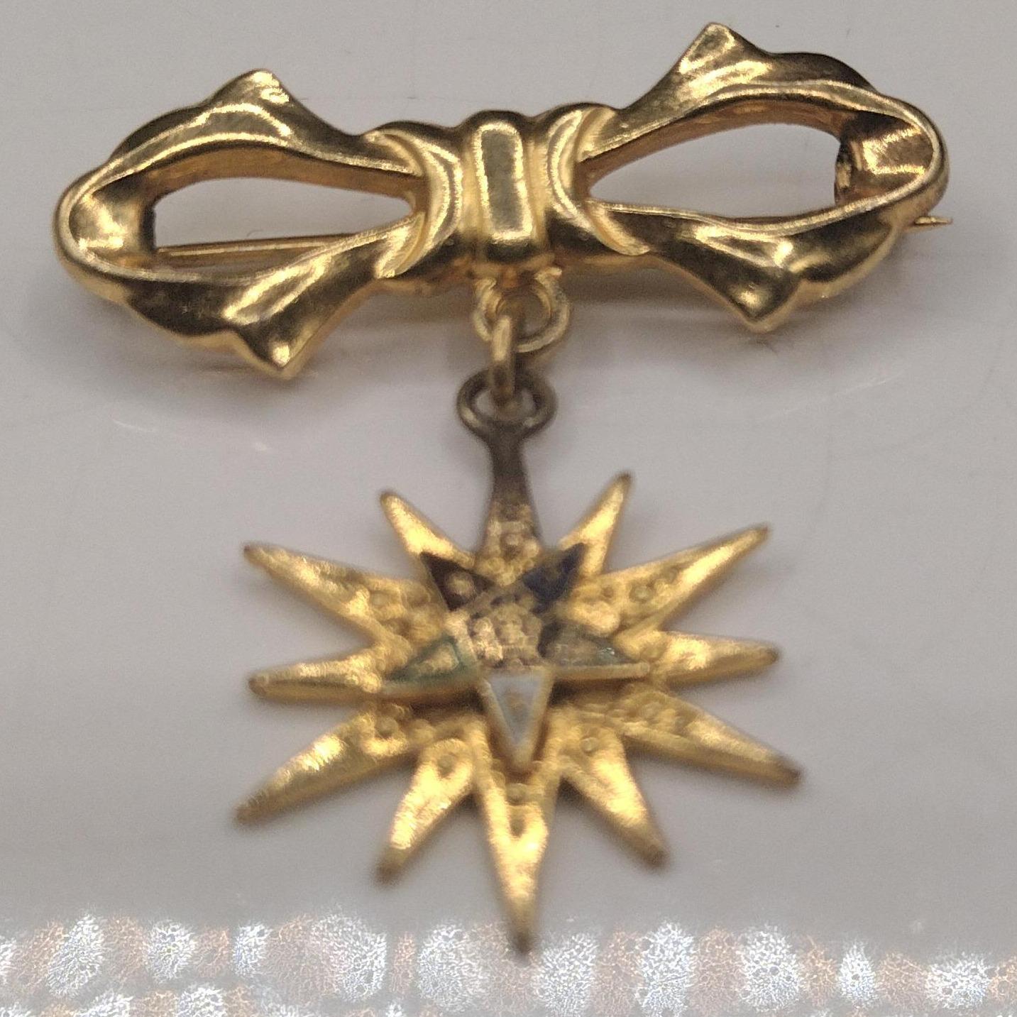 Vintage Order of Eastern Star OES Brooch Bow Dangle Star Masonic Gold ...