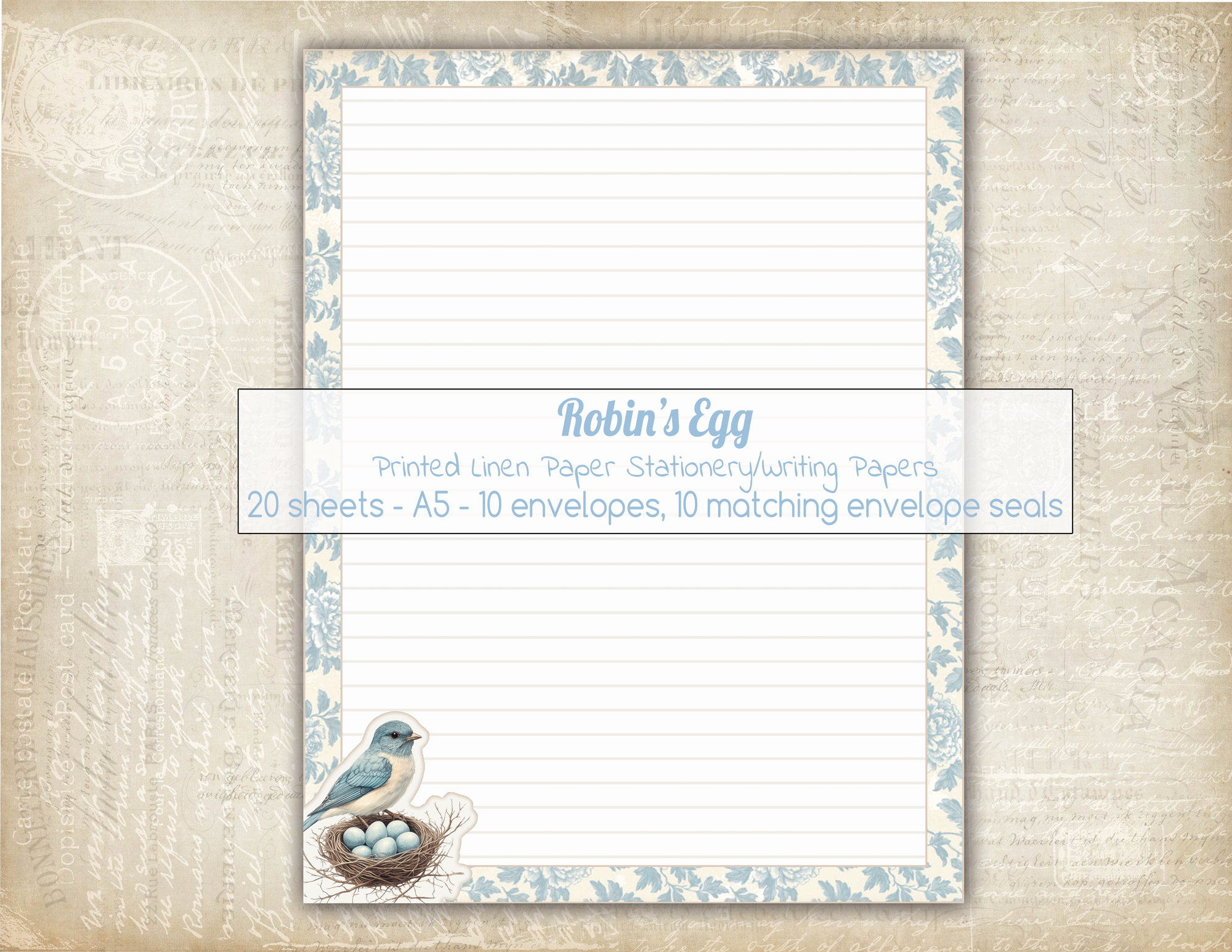 Printed Robins Egg Linen Writing Paper Stationery Lined Writing Paper ...