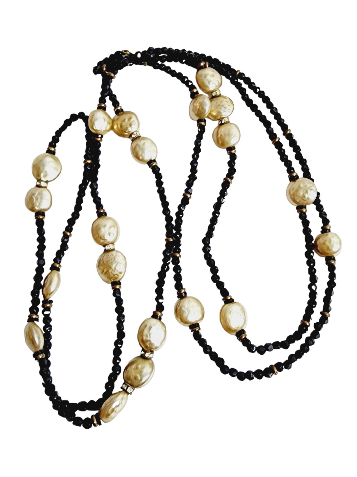 Vintage Long Crystal & Pearlized Metal Necklace (A1427)