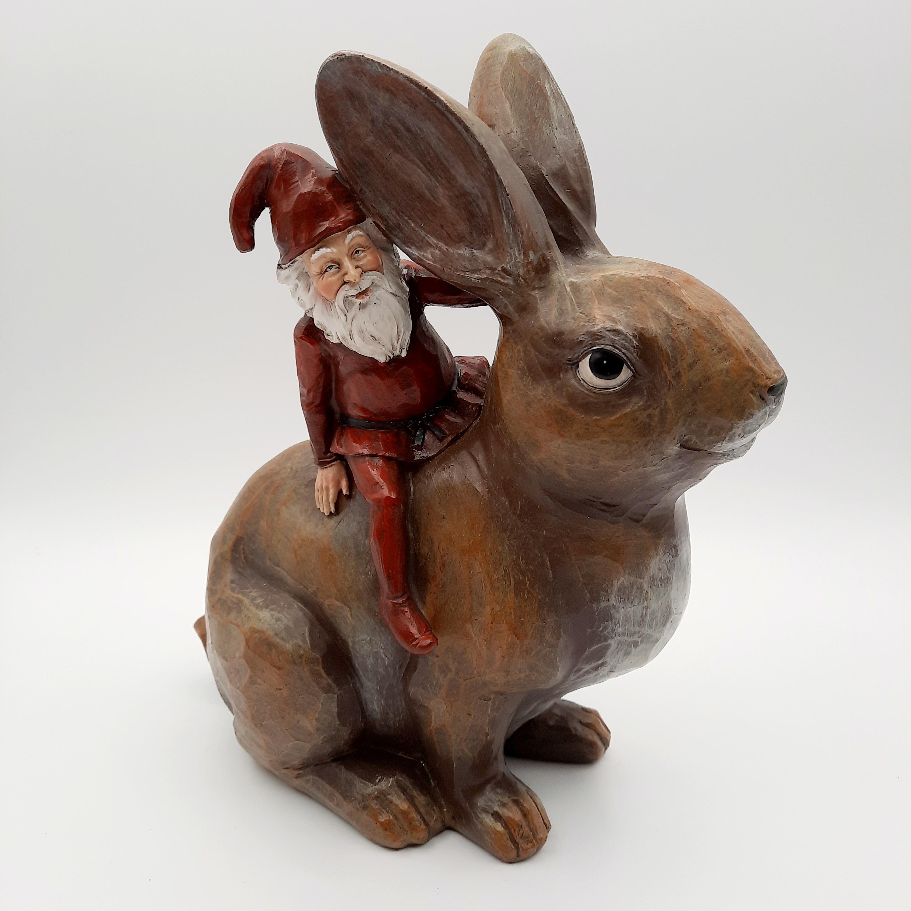 Elf Gnome Santa Riding Bunny Rabbit Figurine