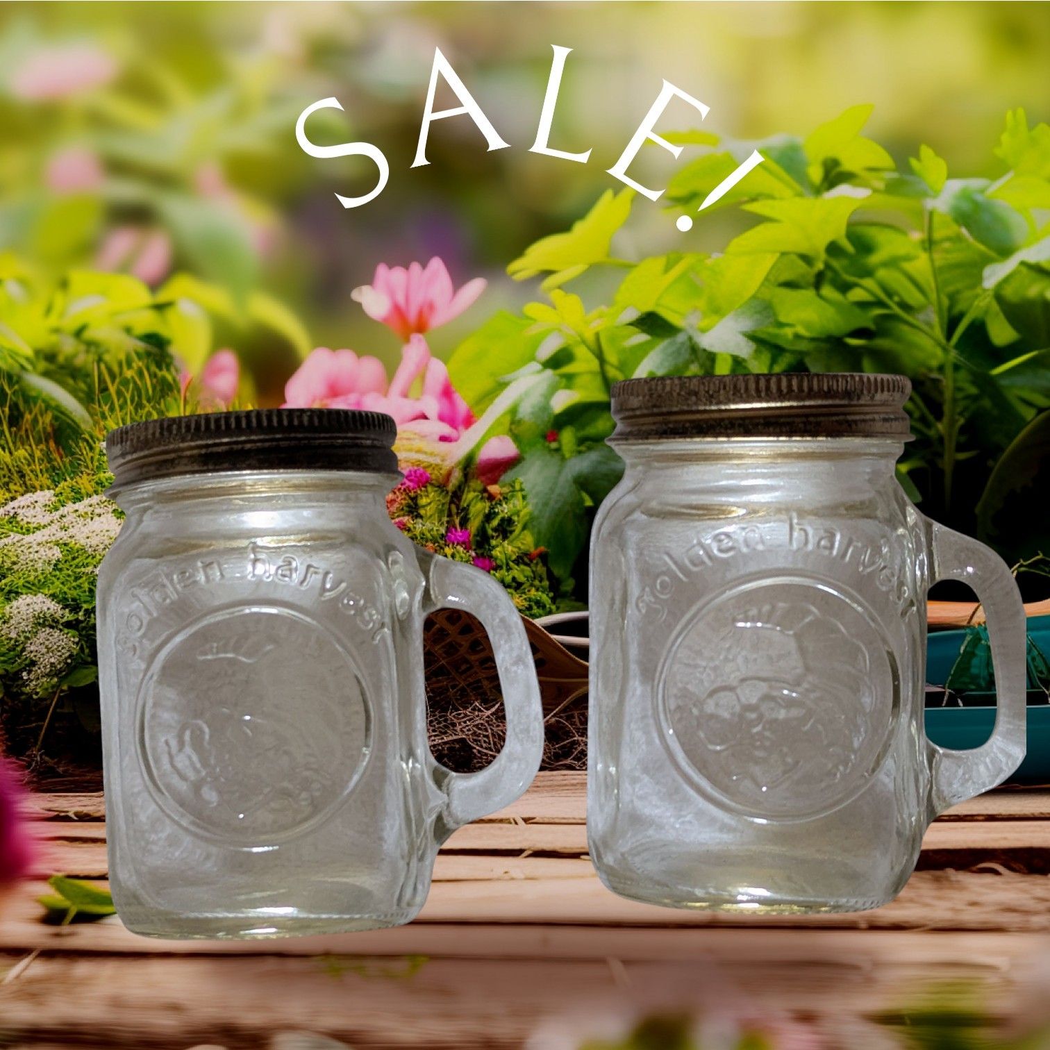 Golden Harvest Mason Style Jar Salt Pepper Shakers Metal Lids Vintage ...