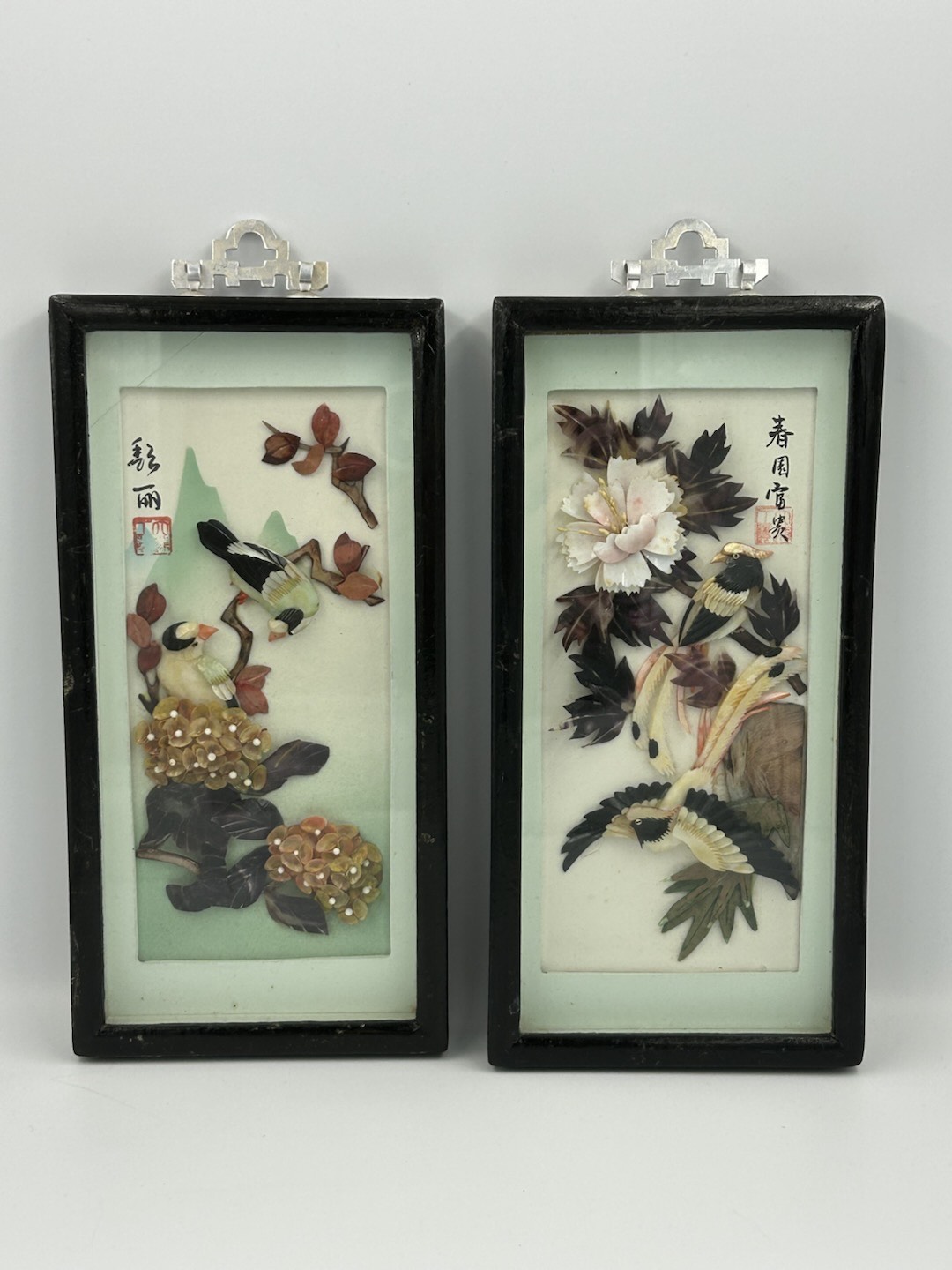 2 Vintage Asian Shell Art Black Framed Shadow Box Birds & Flowers