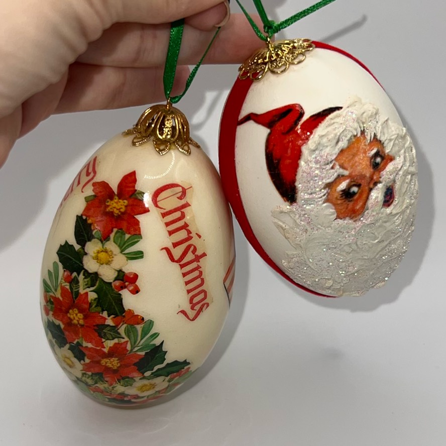 Vintage Hand Decorated Real Egg Ornaments Set Of 2, 4”
