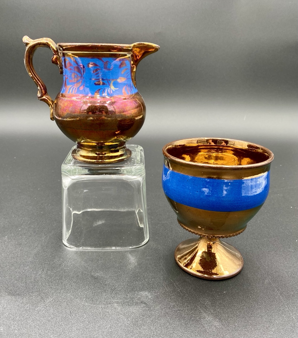 Antique 1800s Pitcher/Creamer and Goblet, Copper Lusterware, Royal Blue ...