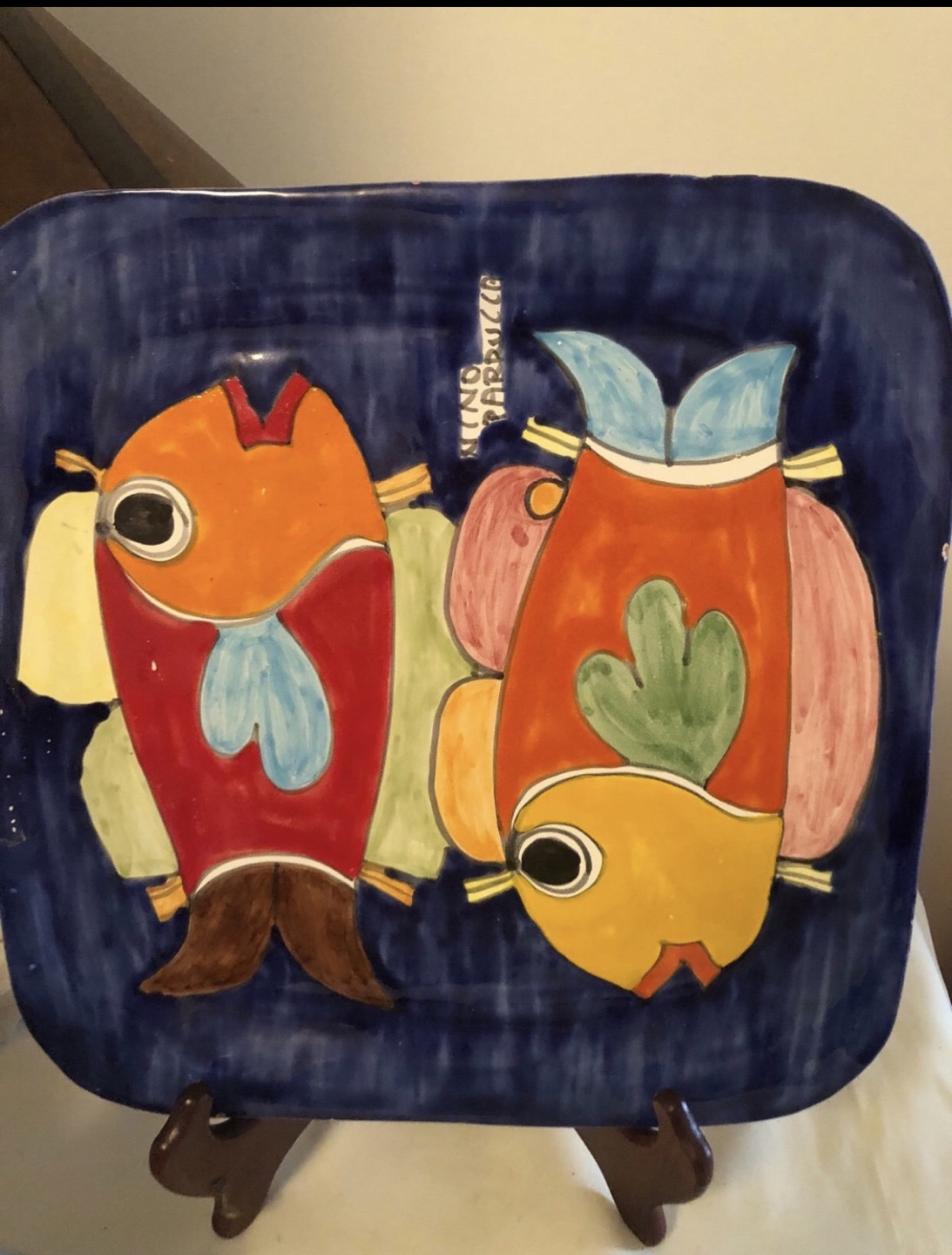 Rare 1990s Hand Painted Art Plate Blue Fish Nino Parrucca Italian ...