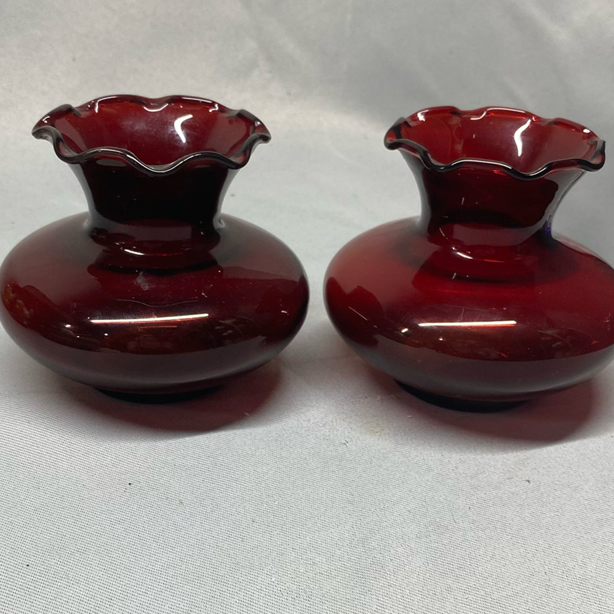 Vintage Pair Of Red Glass Ruffle Top Squat Vases