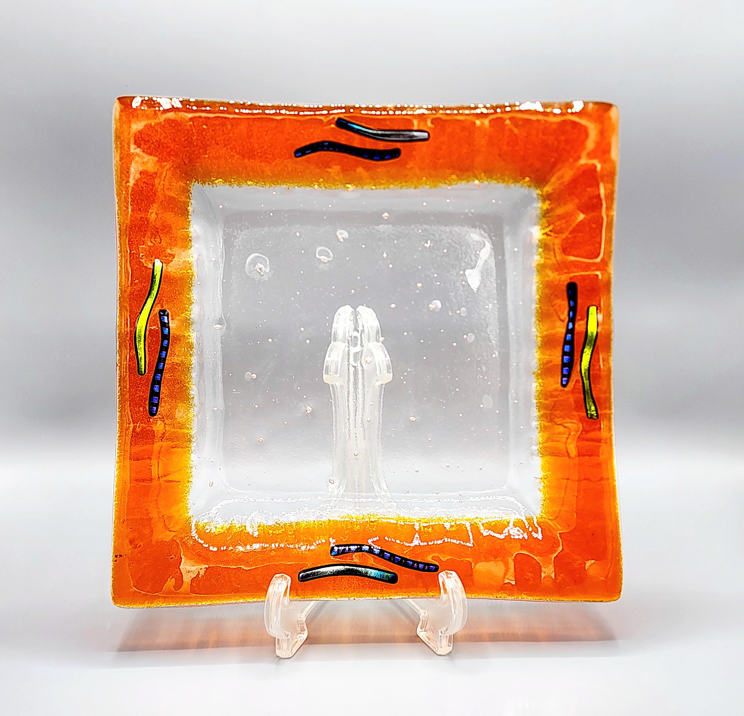 Fused Canadian Art Glass Platter Modern Contemporary Dichroic Signed 11"