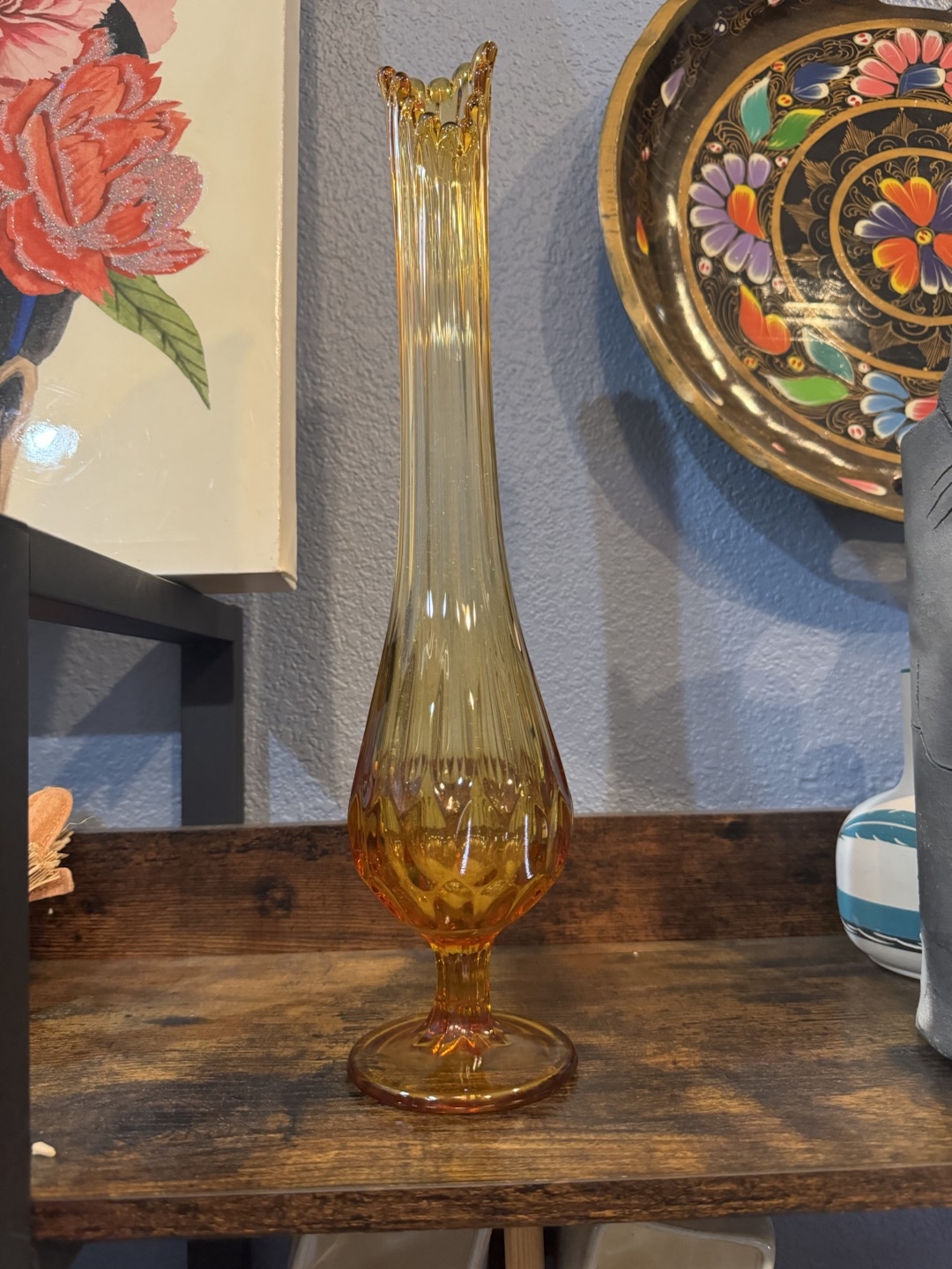 Thumbprint Colonial Amber Swung Art Glass Vase