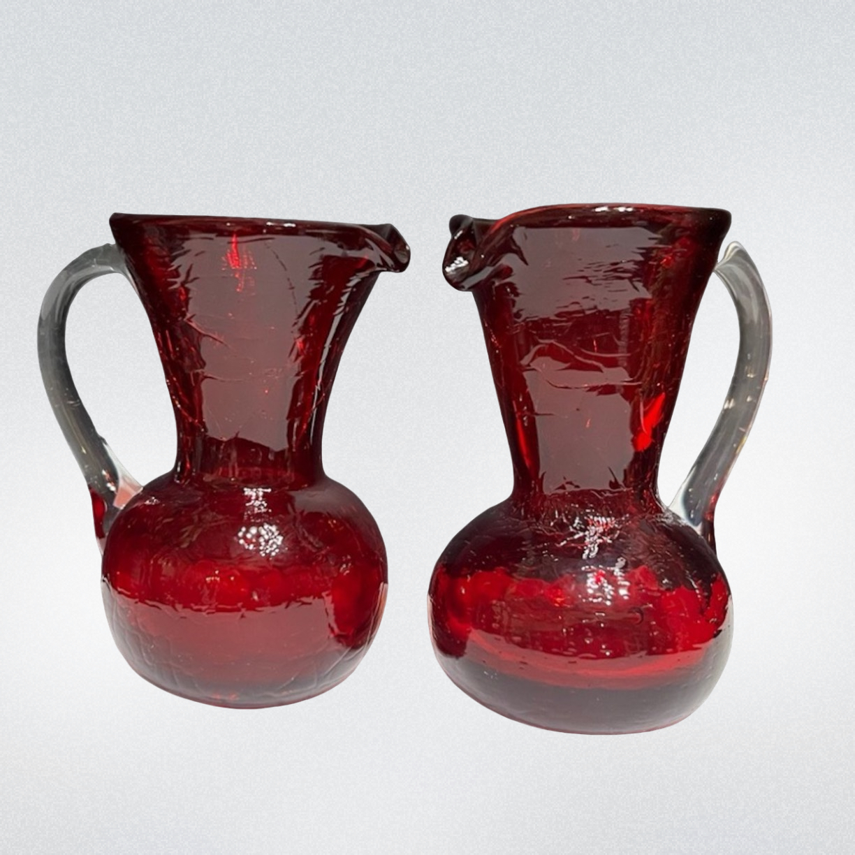 MARKDOWN! Pair of Ruby Red Crackle Glass Mini Pitchers Hand Blown ~3.5 ...