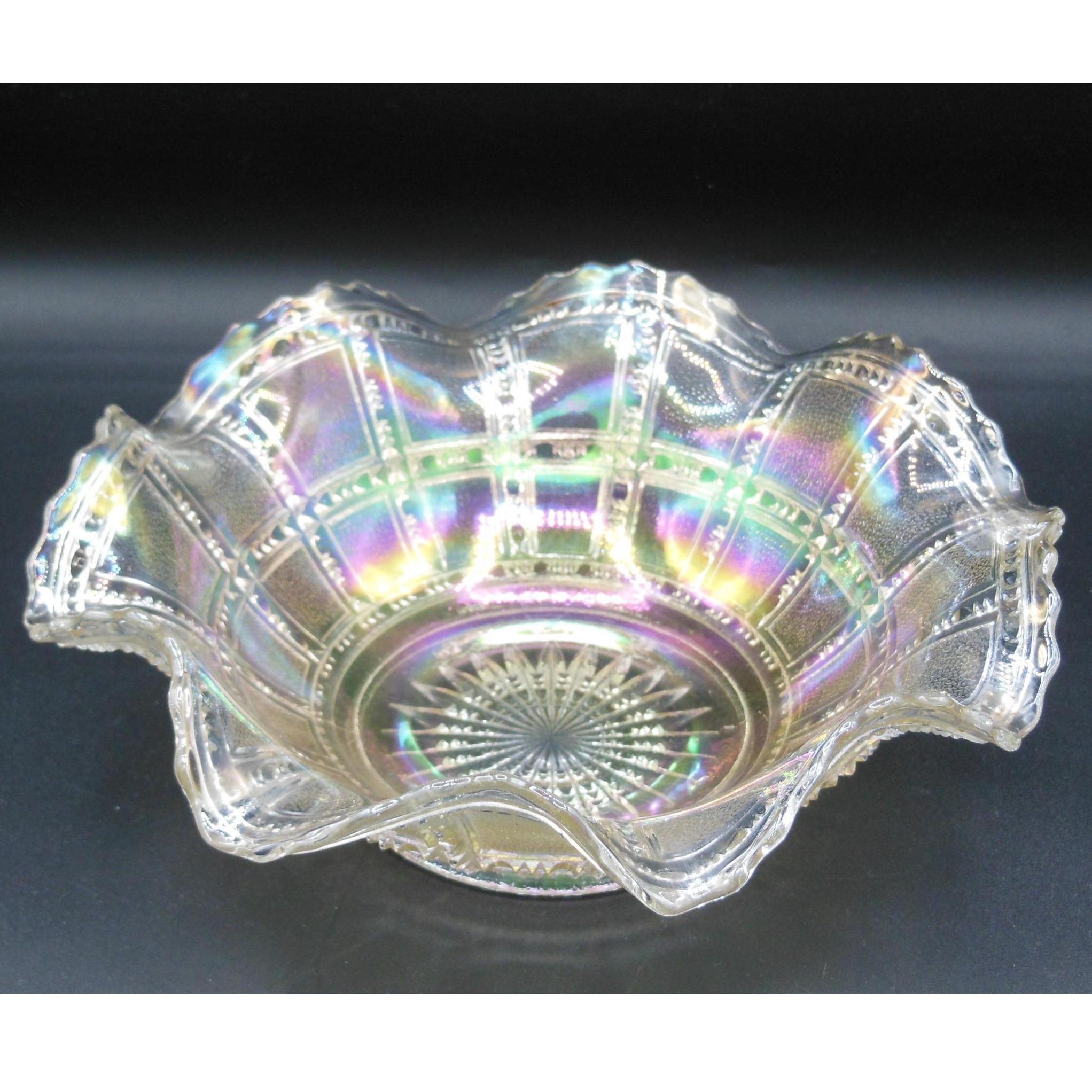 Vintage Imperial Glass, White Carnival Glass, Beaded Block, Ruffled Bowl