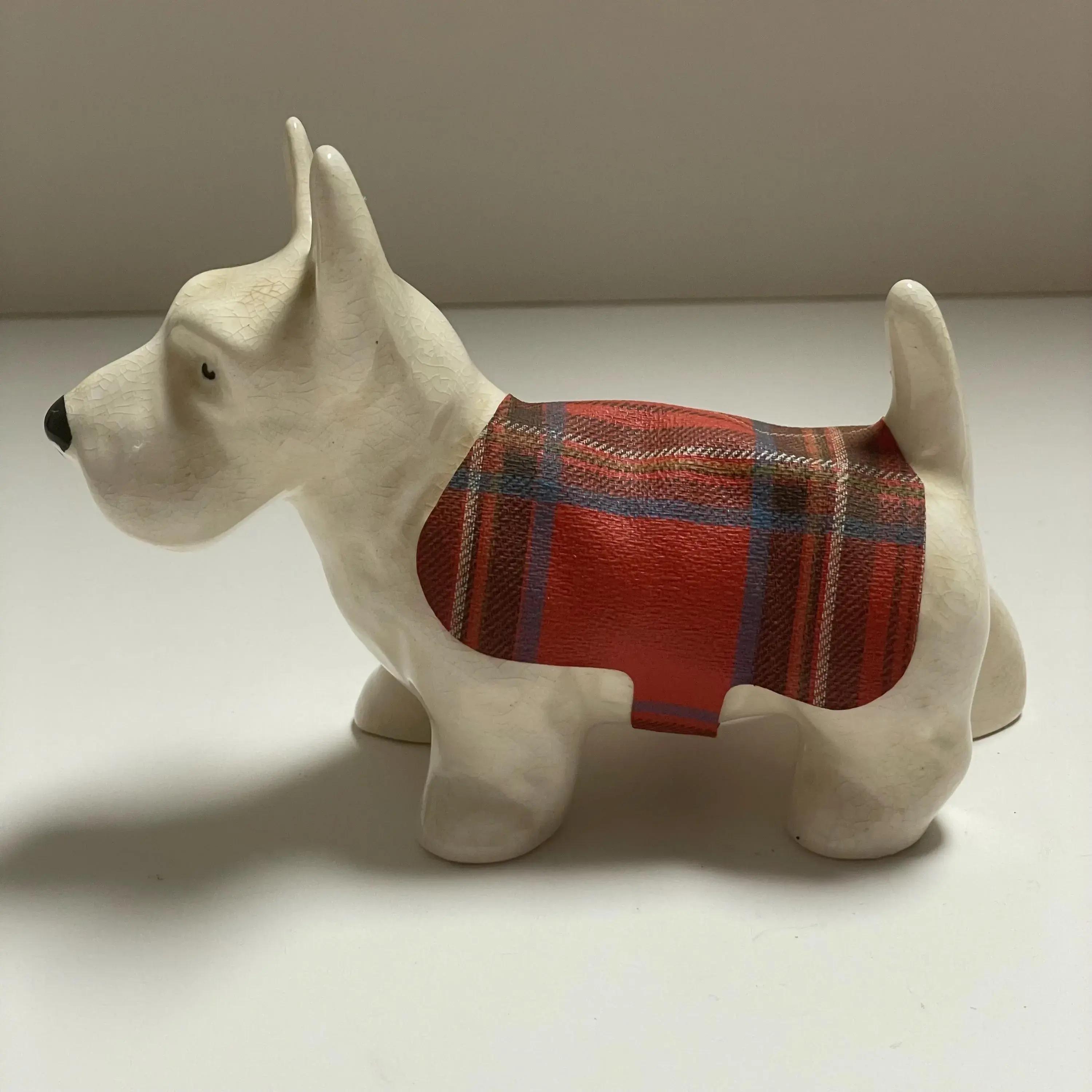 White Sylvac Dog With Plaid Tartan Jacket Vintage Figurine