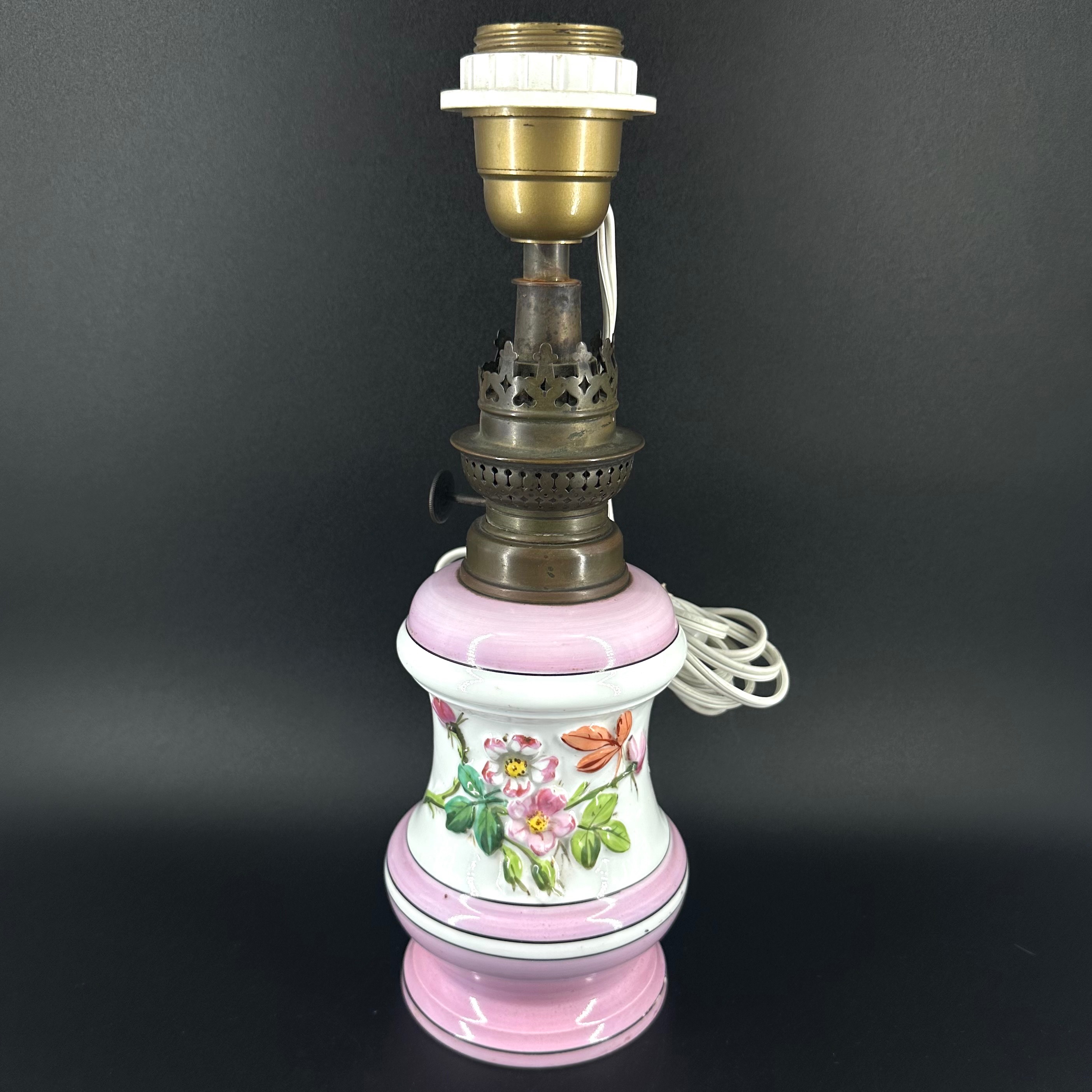Antique Porcelain Converted Floral Pink Oil Lamp