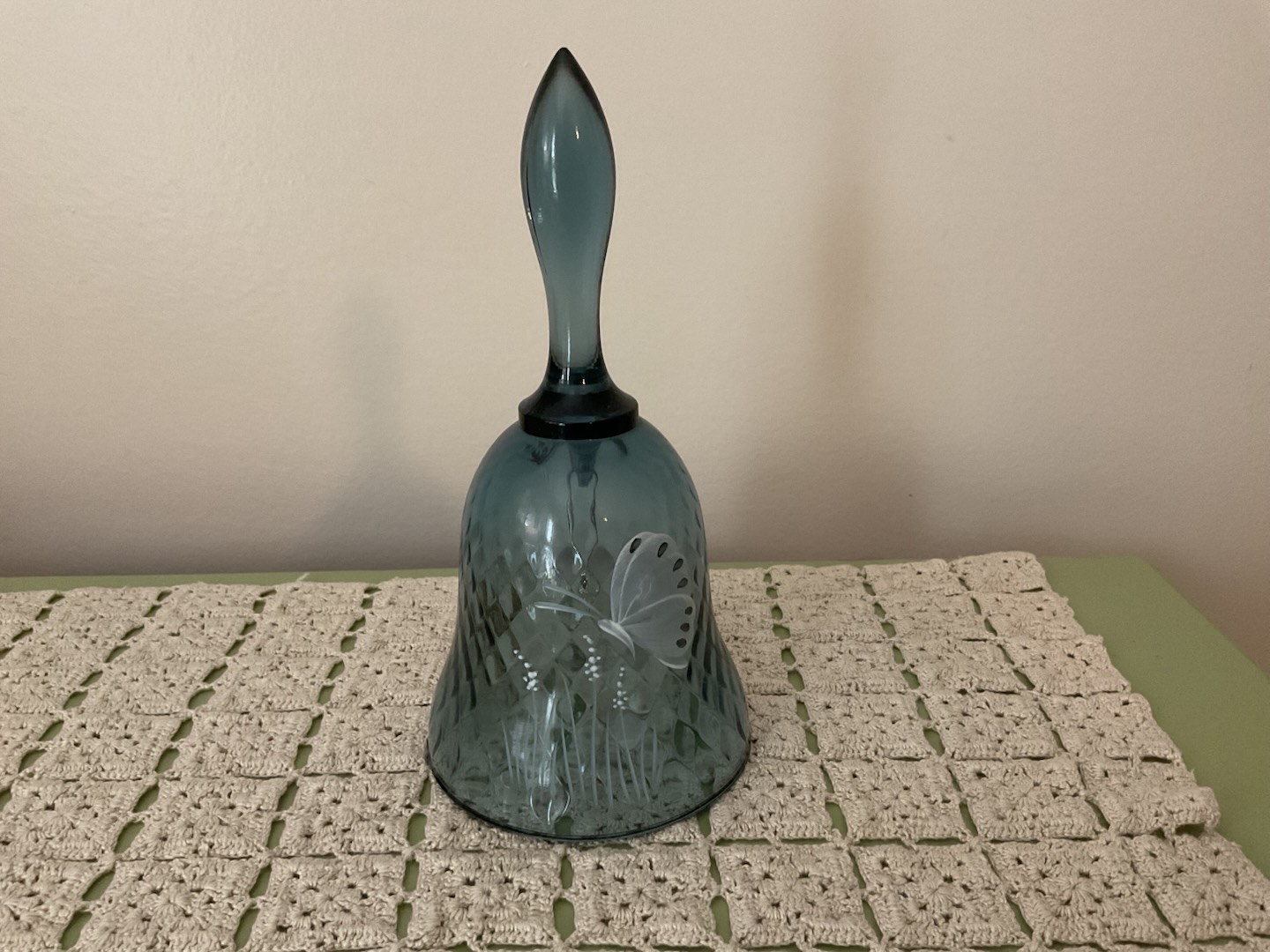 Fenton Blue Glass Bell With Hand painted Butterfly