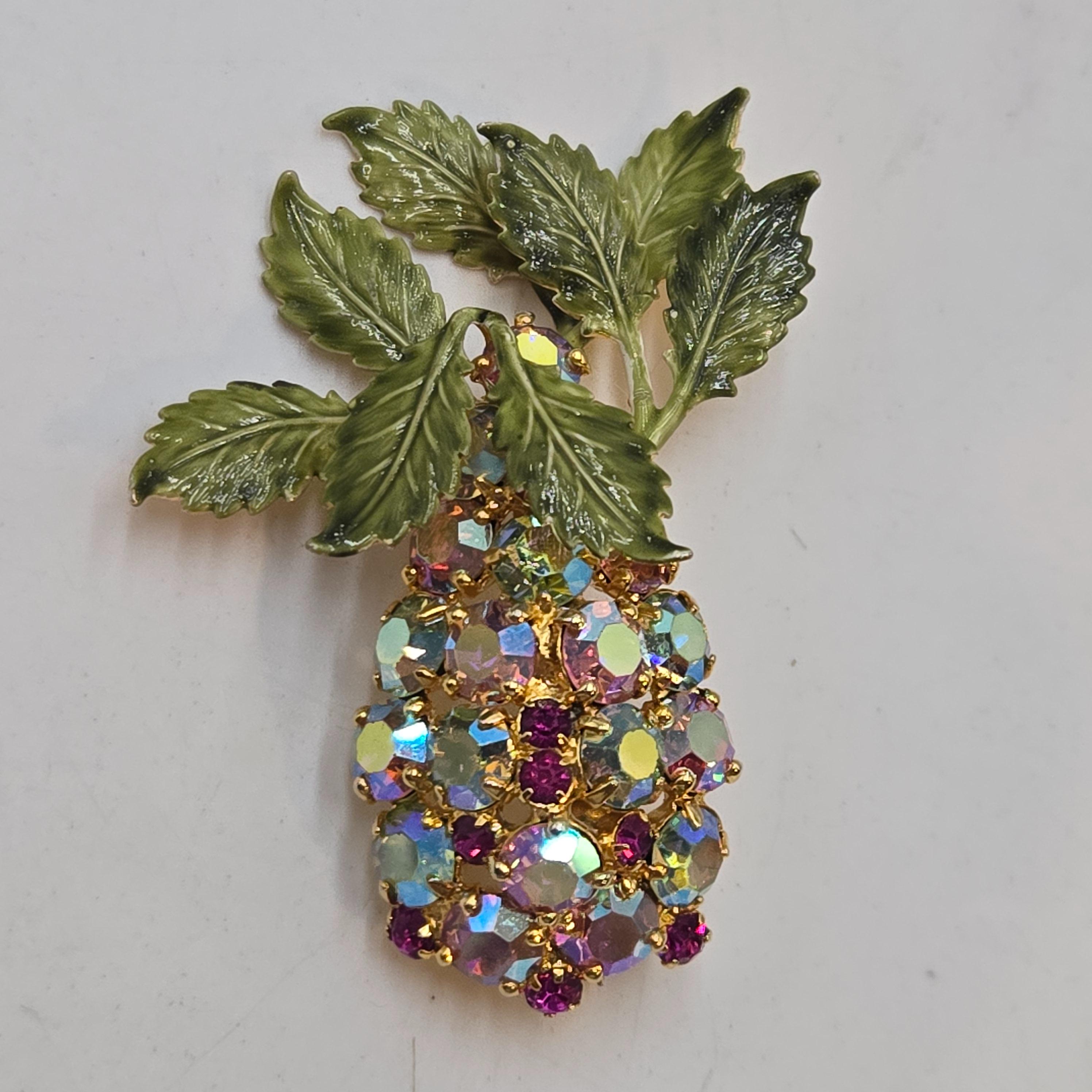 Vintage Aurora Borealis Crystal Rhinestone Pineapple Fruit Bling Brooch Goldtone