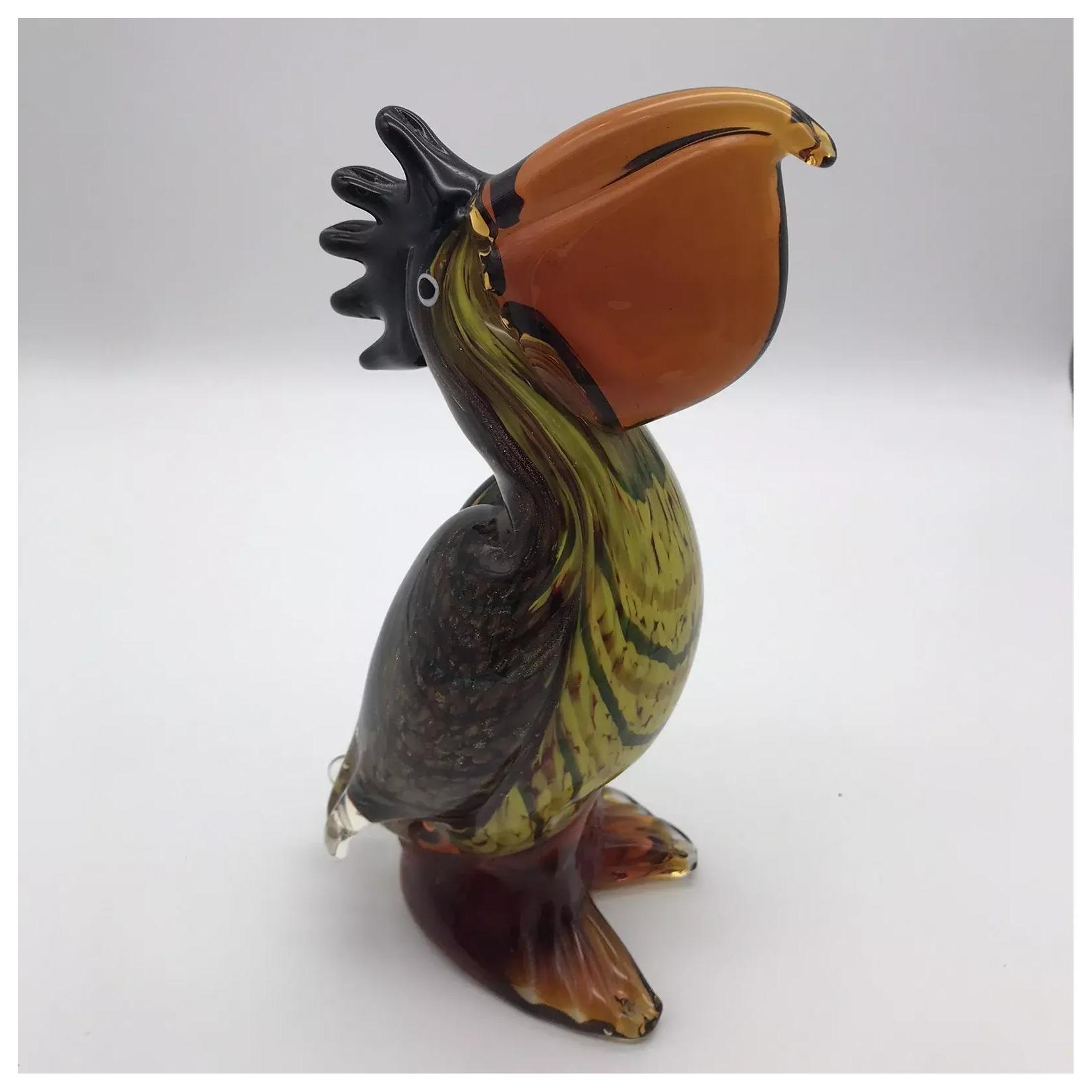Art Glass Pelican Bird Animal Colored Flecks Green Yellow Amber Color ...