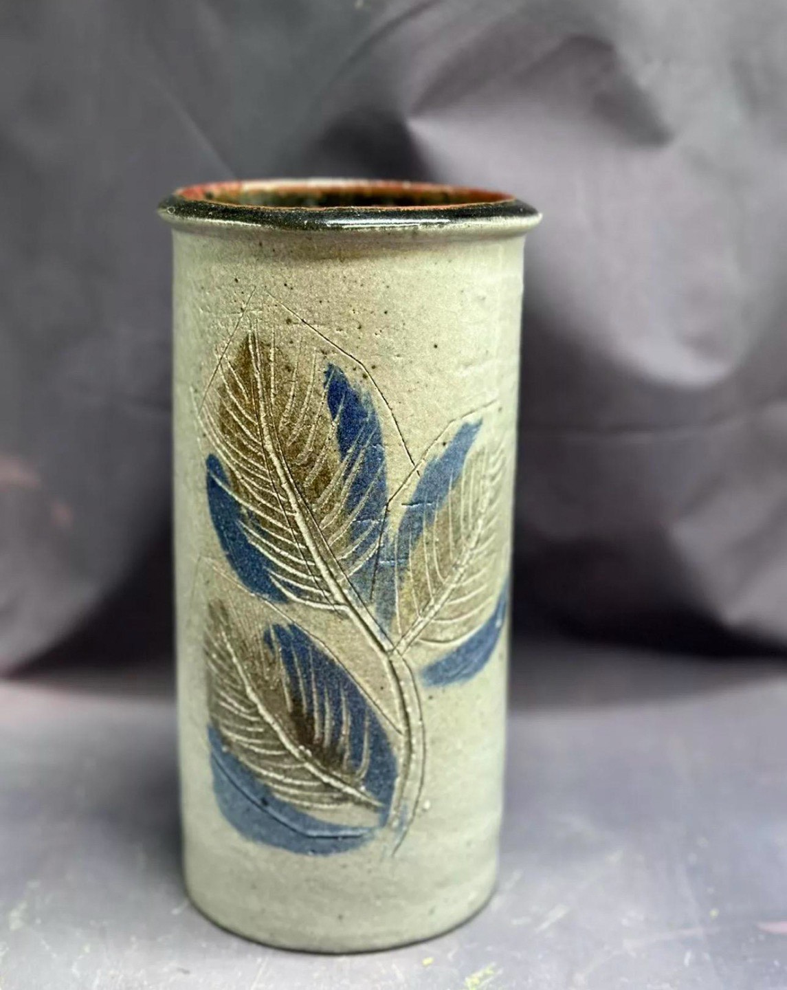 SALE Vintage Art Pottery Cylinder Leaves Stamped Vase Kitchen Utensils ...