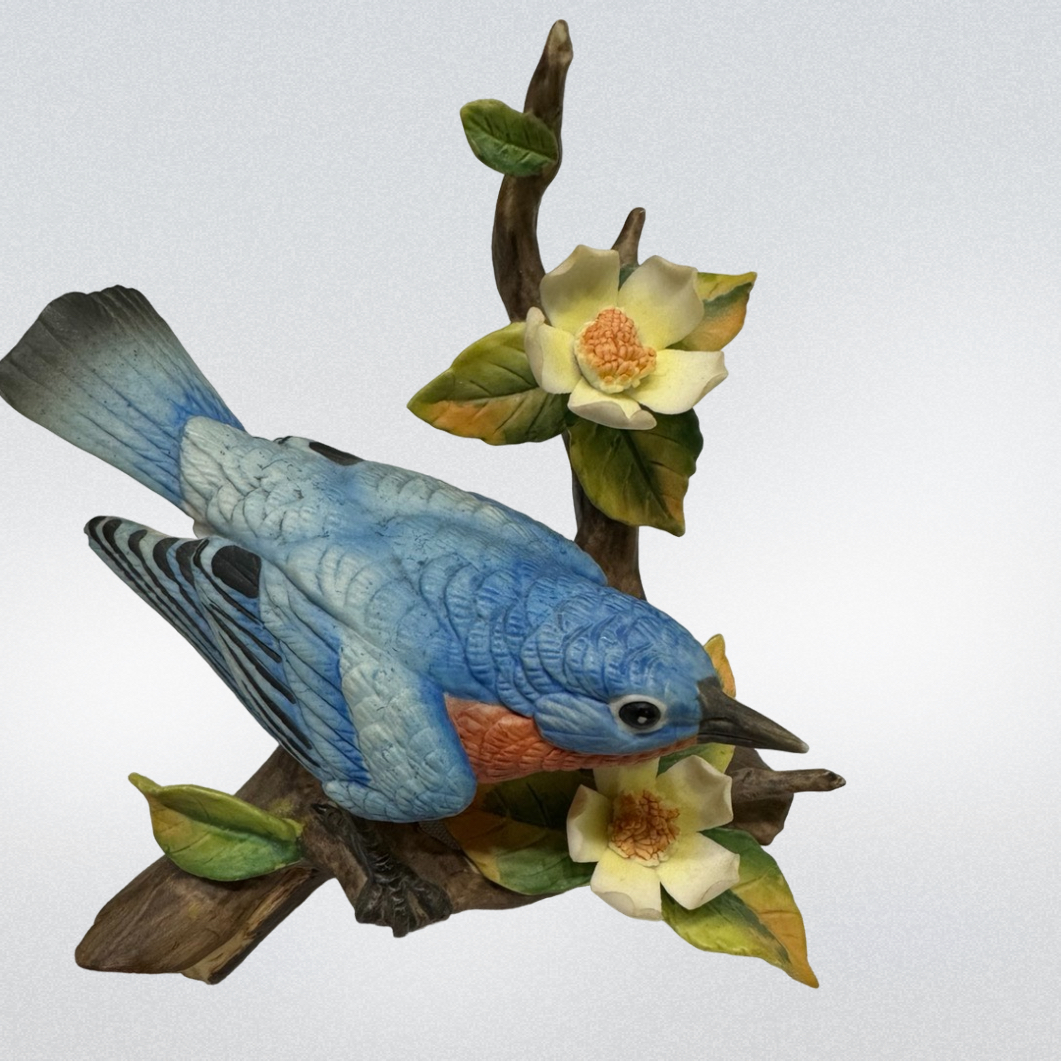 Vintage Lefton Blue Bird On Stump Or Branch With Yellow Flowers. No ...