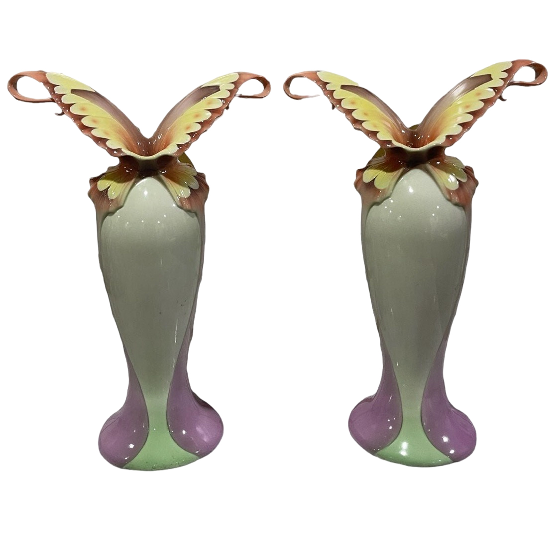 Pair of Franz Collection Papillon Butterfly Spread Wings Vases Art Nouveau