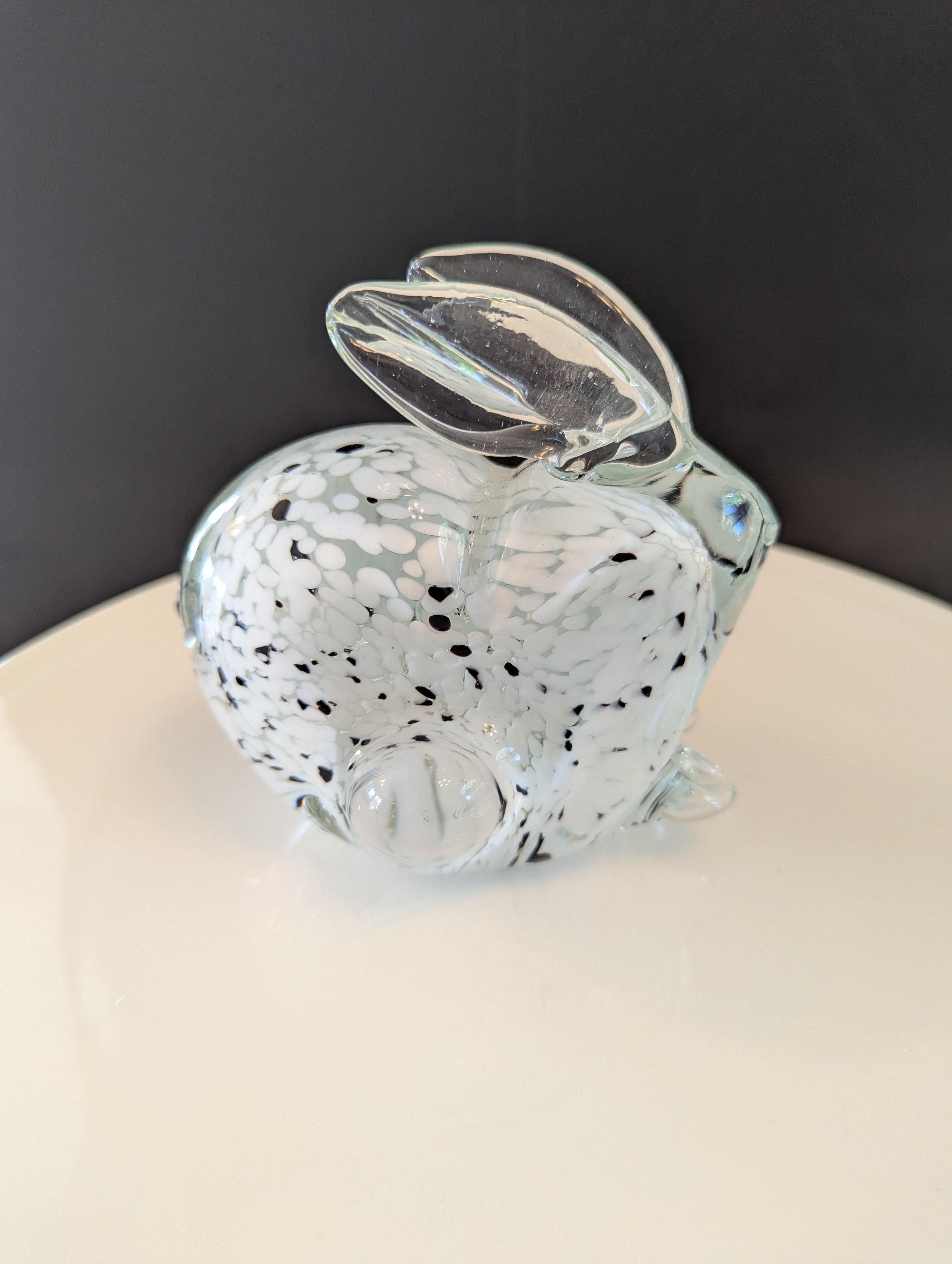 Vintage Clear Glass Rabbit Figurine with Black and White Speckles