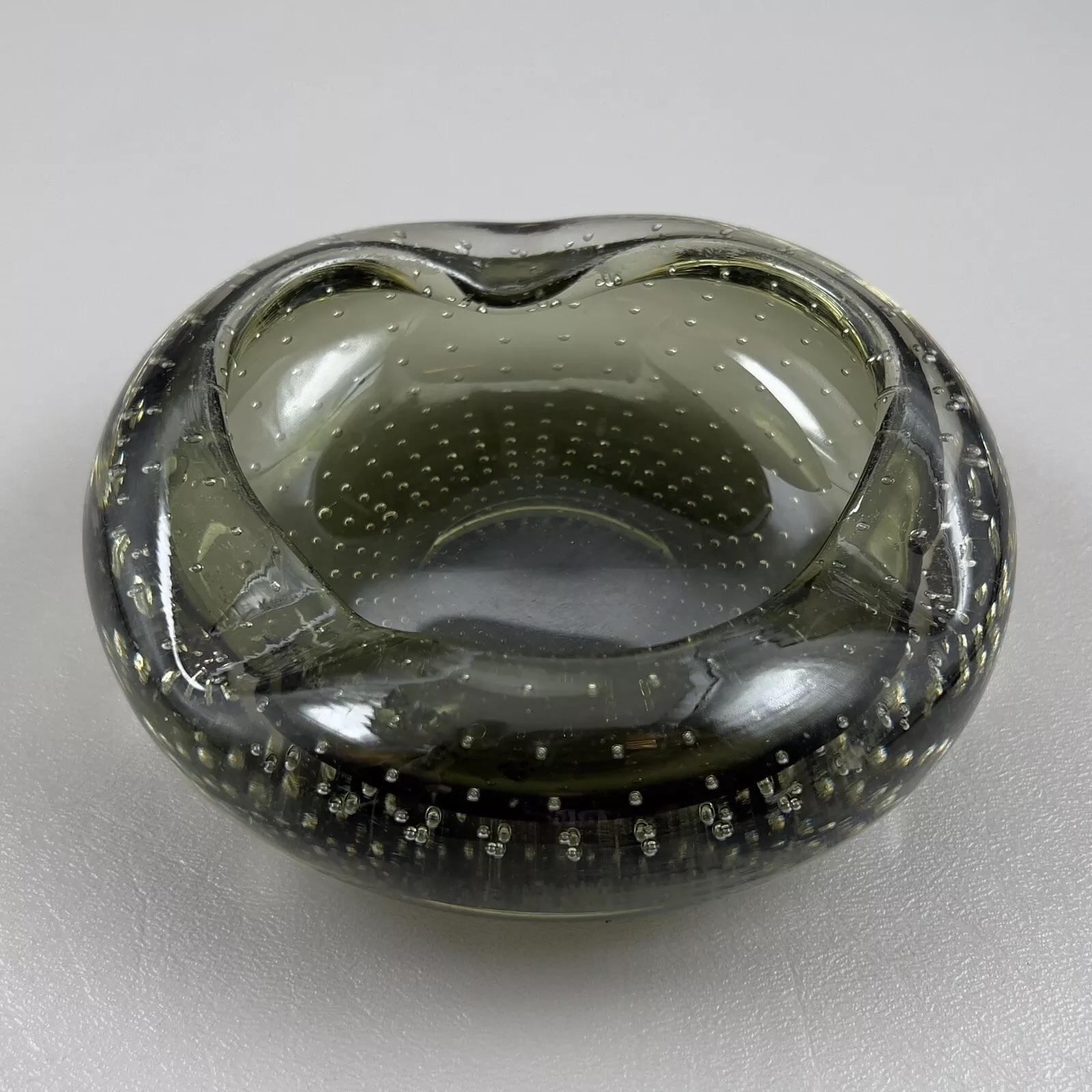 Mid-Century Modern Art Glass Ashtray Bowl Controlled Bubbles MCM Smokey ...