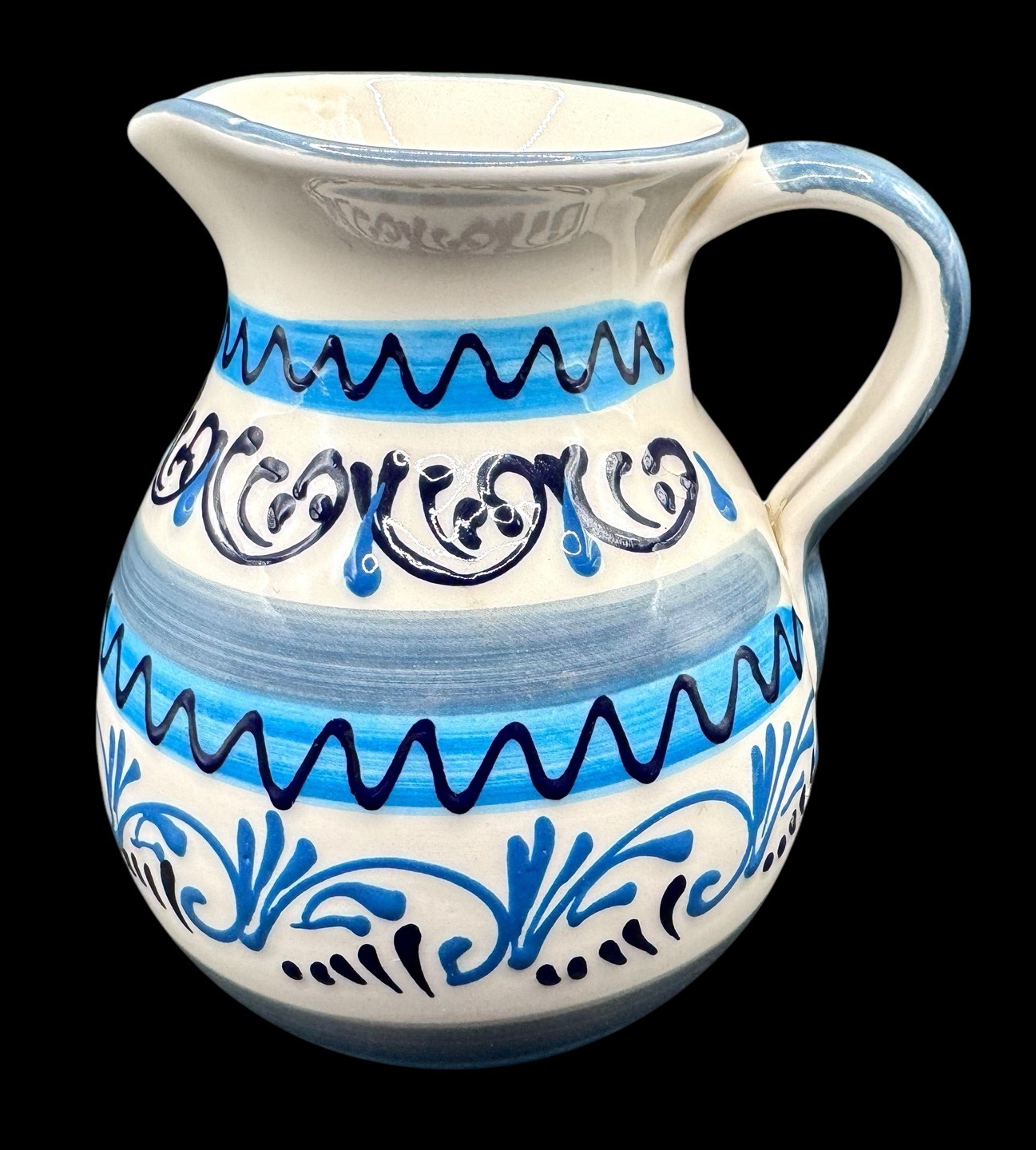 Hand Painted Ceramic Pottery Pitcher Blue White HNOS Pedraza Span 6.25”