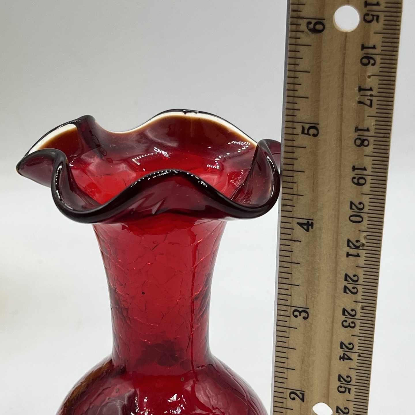 Red Ruffled Rim Crackle Glass Mini Vase