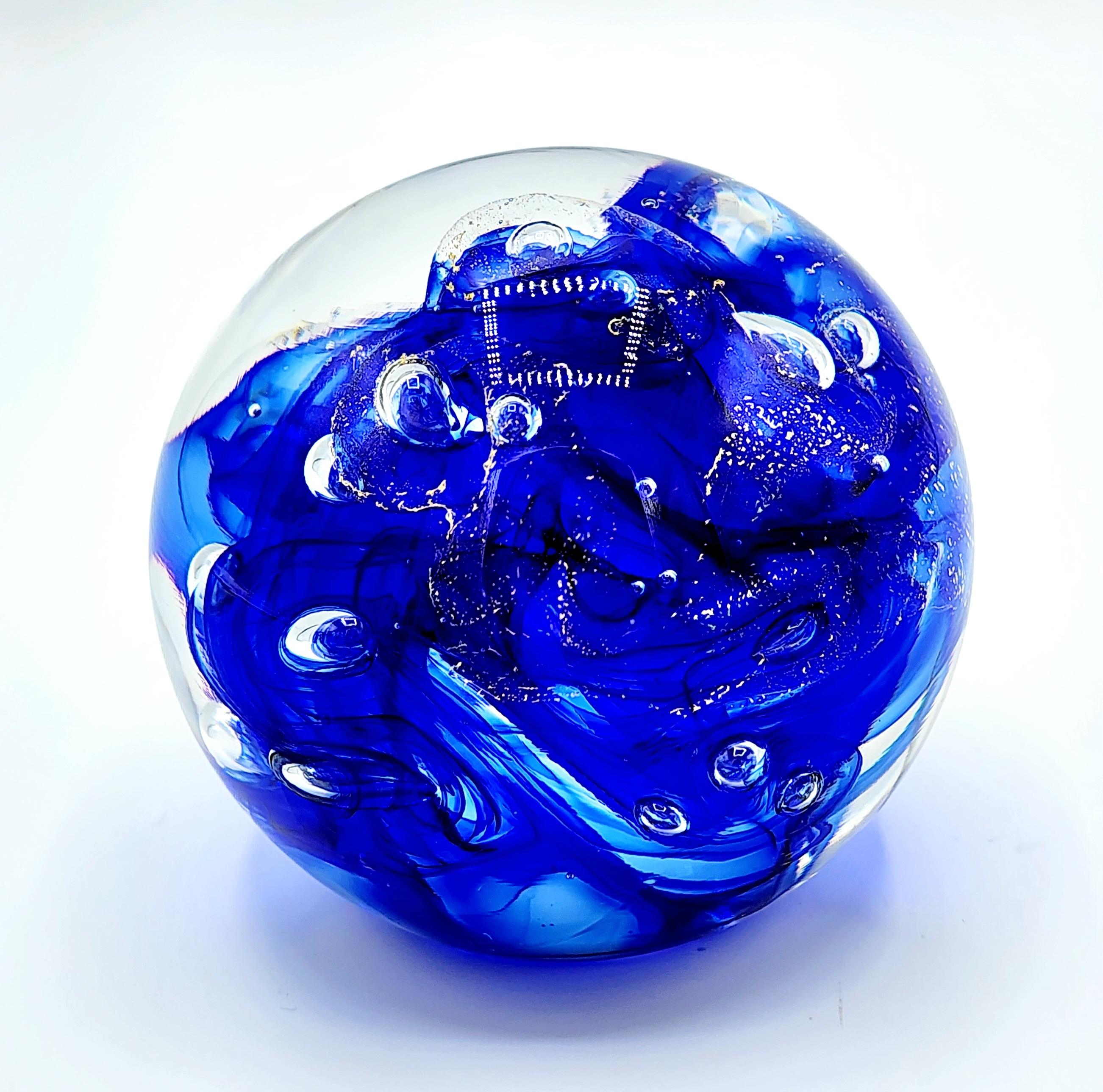 Blue & Gold Flakes Signed Art Glass Paperweight 3"