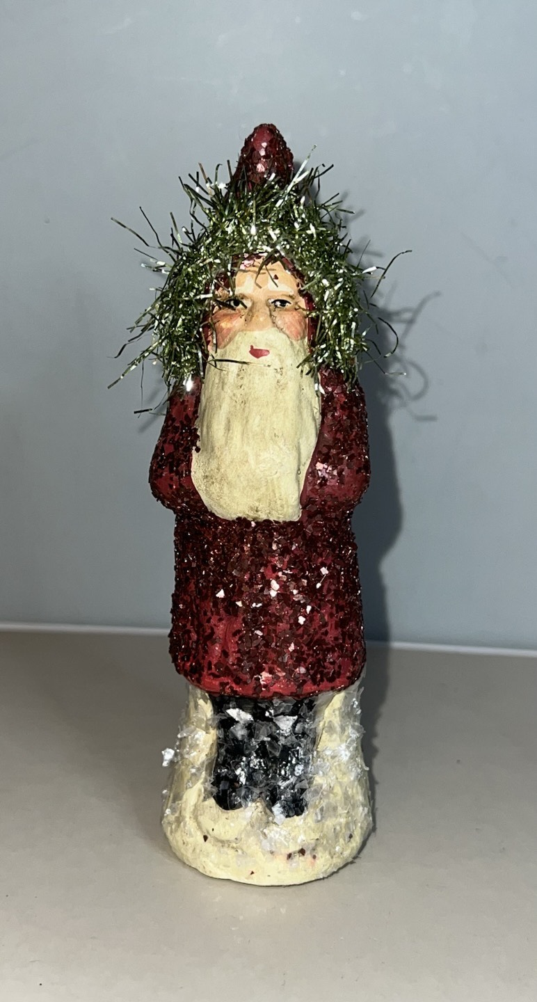 5 1/2” Paper Mache Belsnickle Red Glitter Santa Figurine Christmas Old ...