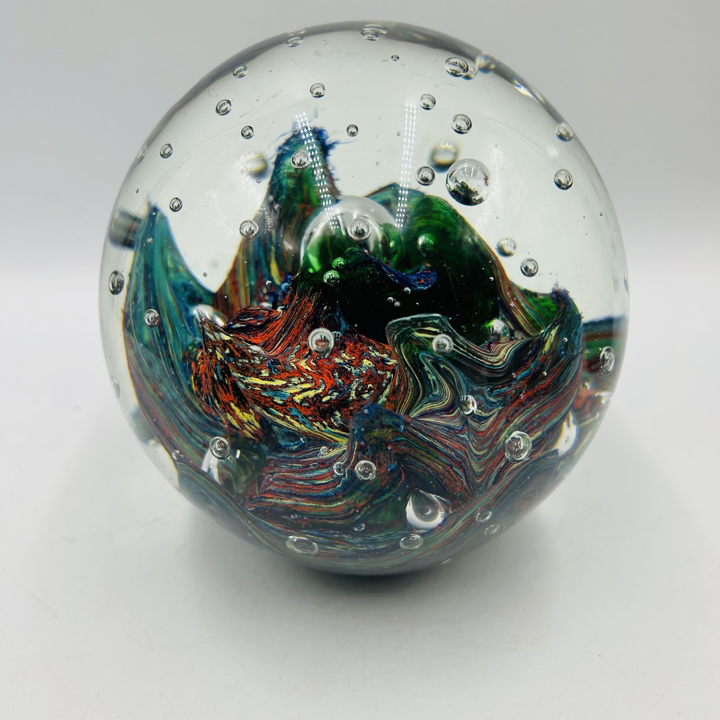 5” Tall Large Magnum Art Glass Paperweight Colorful Waves With Bubbles