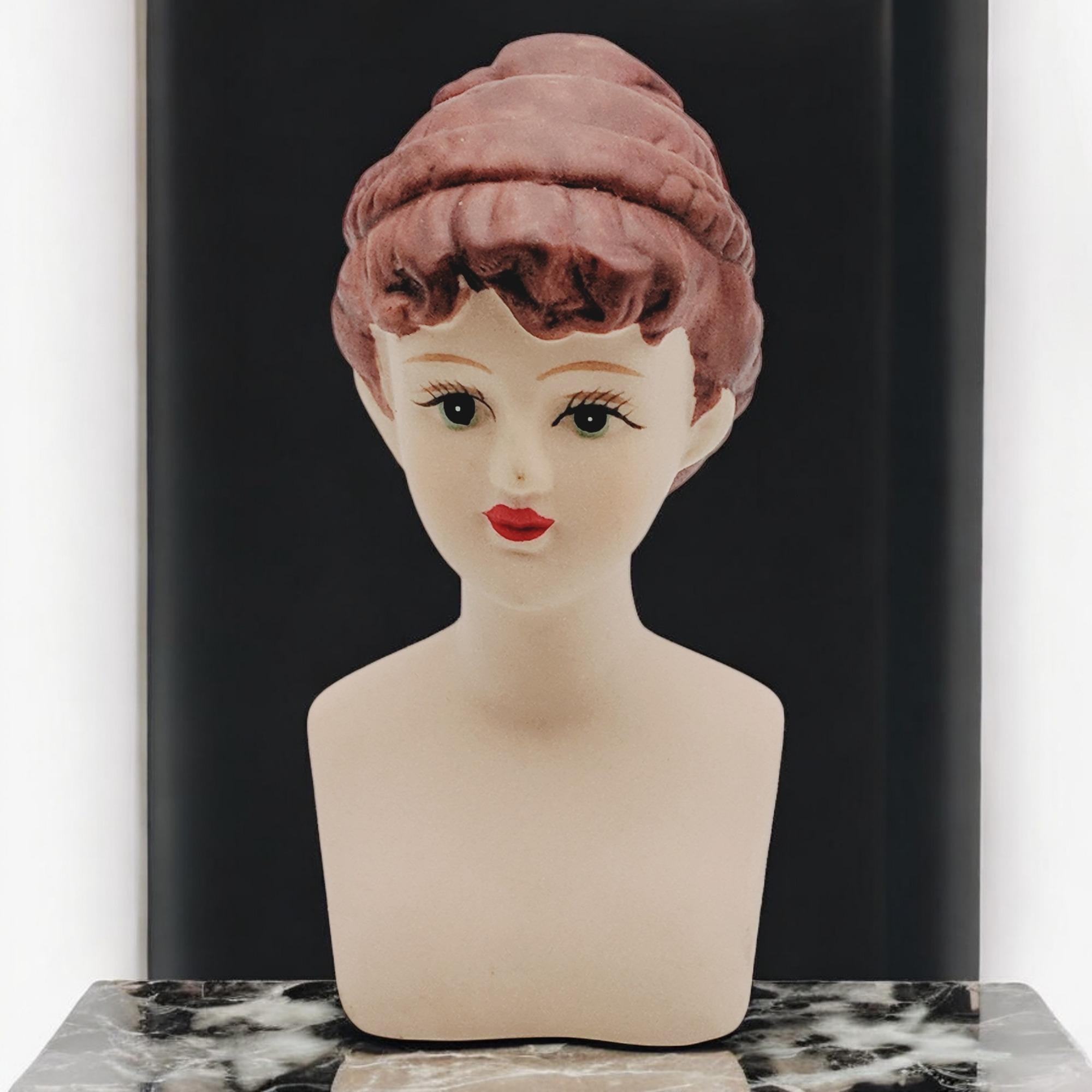 Porcelain Doll Head Brown Hair Updo Braid Green Eyes Red Lips Doll ...