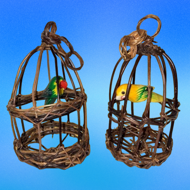 Pair of Wicker Bird Cages With Colorful Birds, 6”