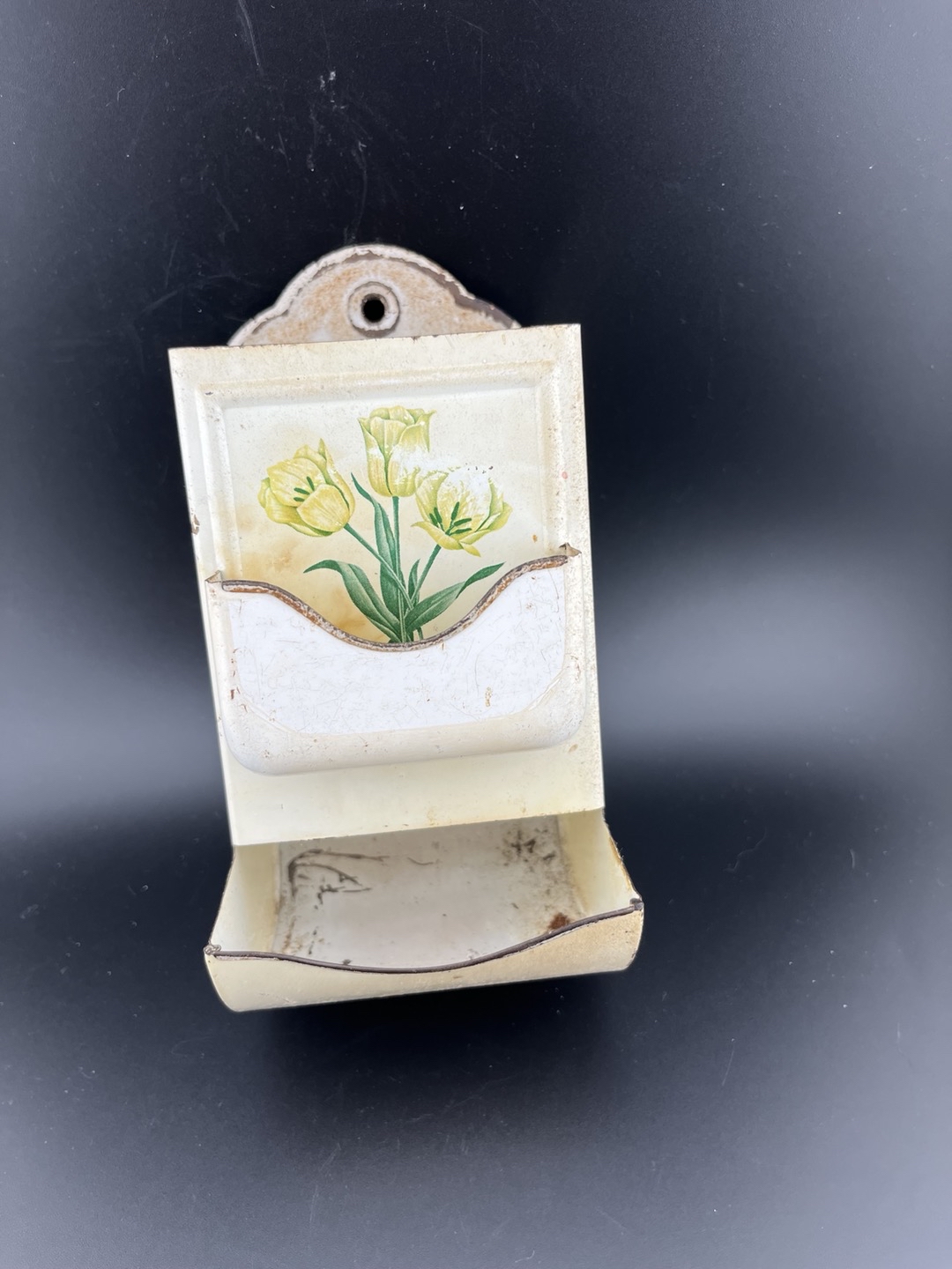 Metal Match Box Holder W/ Yellow Tulip Design. Has Pocket For Used Matches.