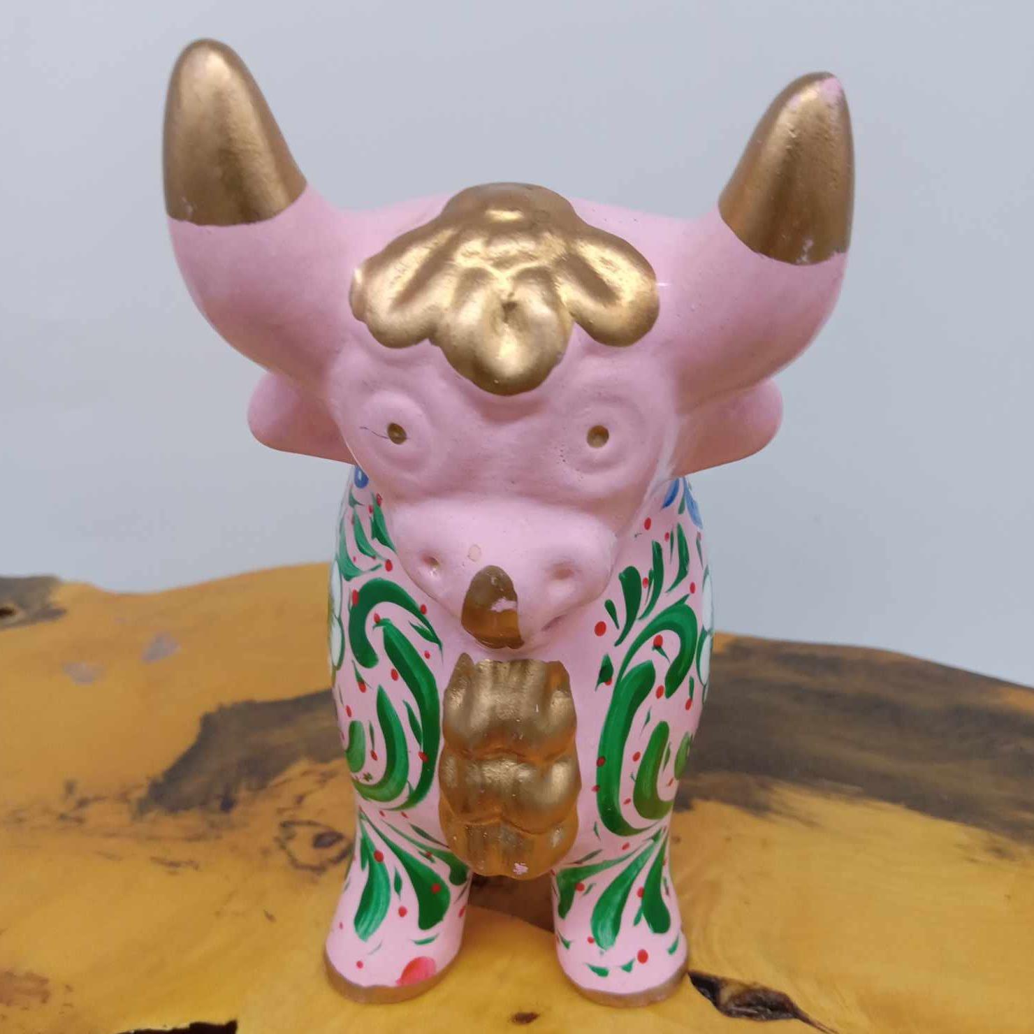 Pink bull figurine, hand painted flowers, made in Peru, Pucara bull
