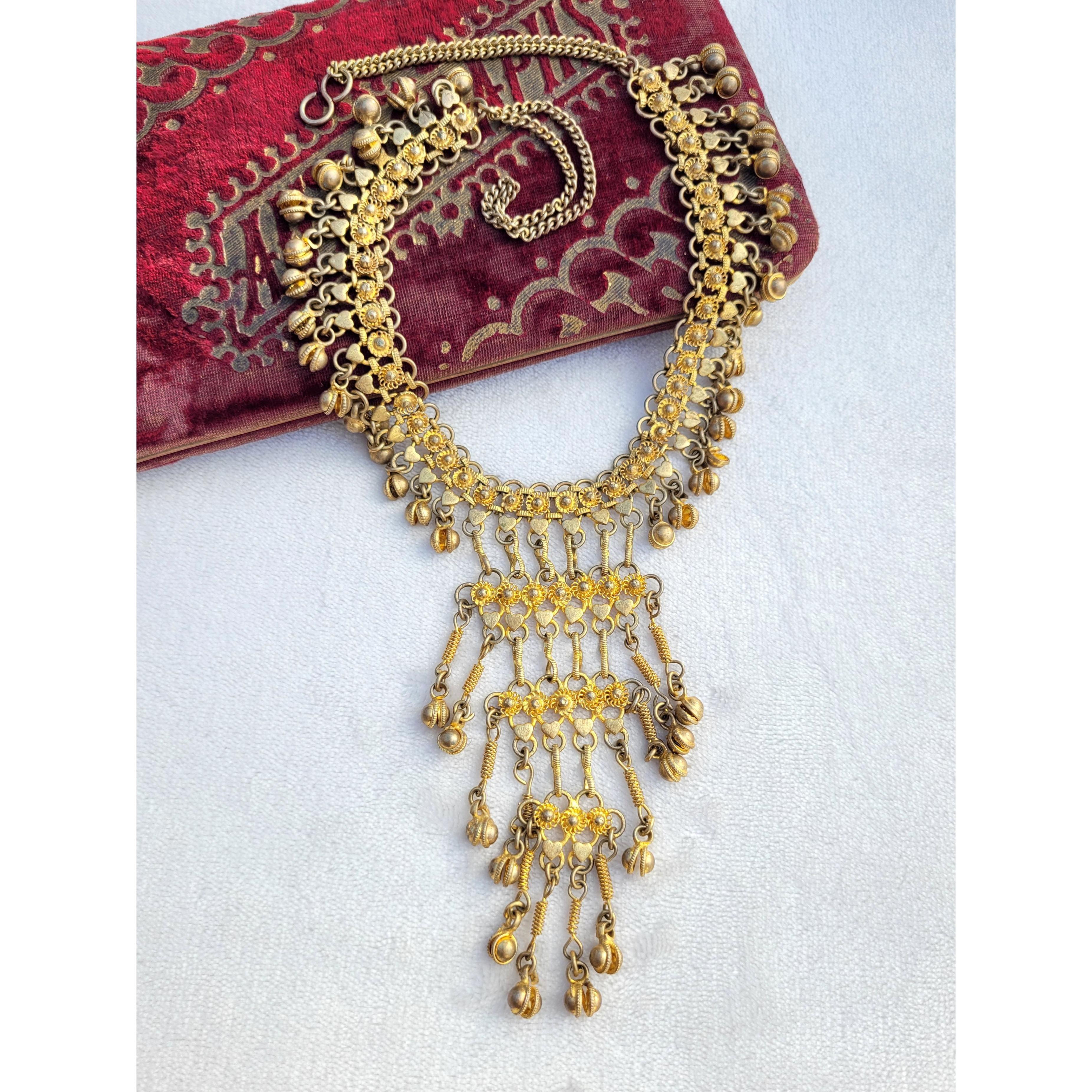 Vintage India Belly Dancer Festoon Chainmail Collar Bib Brass Bell Necklace