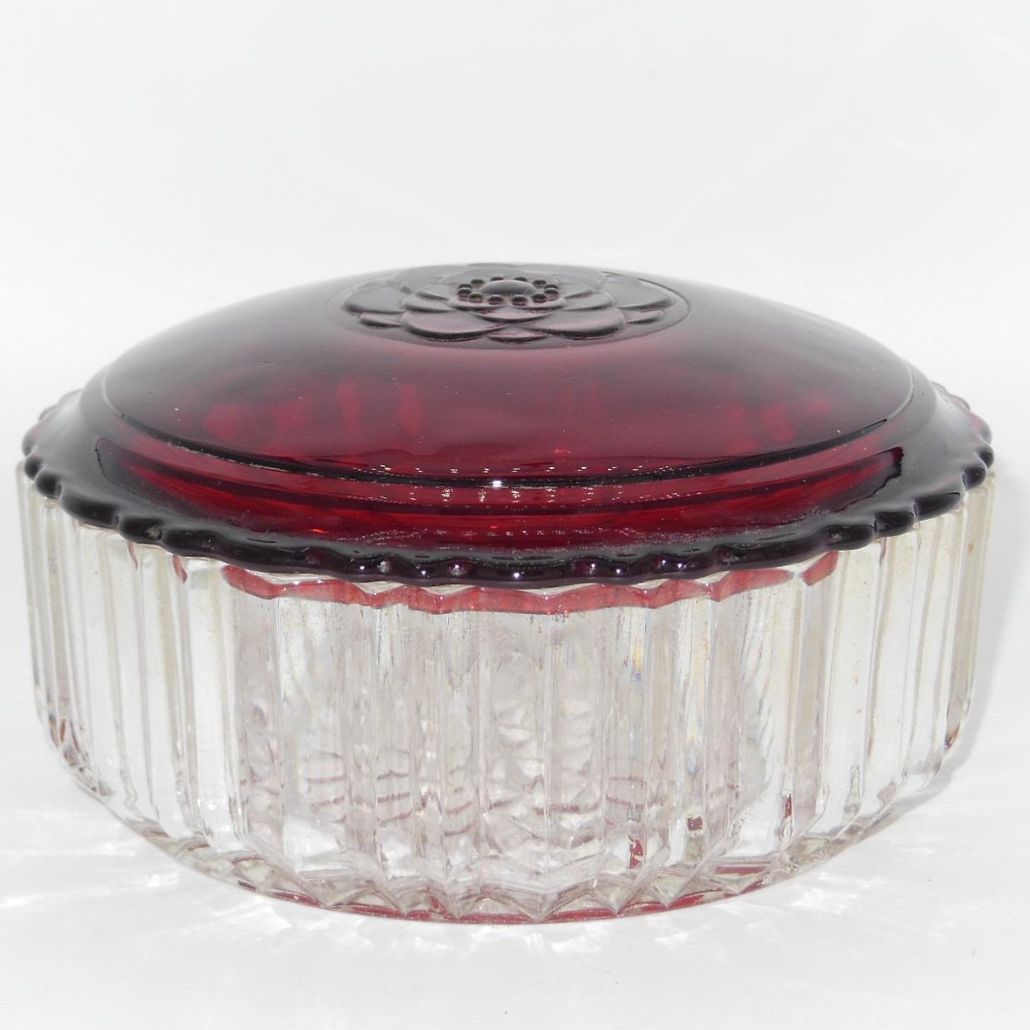 Vintage Anchor Hocking Old Cafe Powder Jar With Ruby Red Embossed Rose Lid