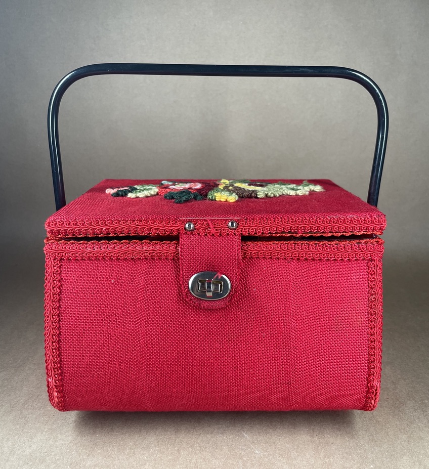 JC Penney Red Sewing Box Basket Tray Puff Stitch Flowers Black Handle ...