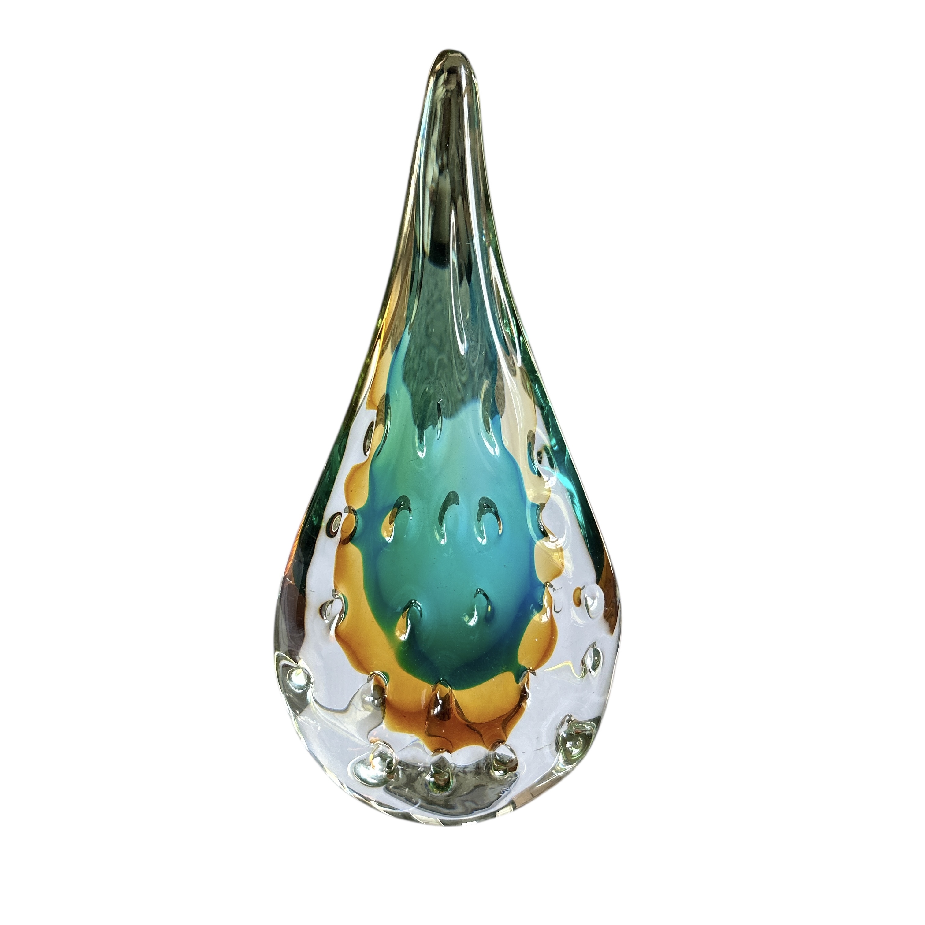 Murano Style Teardrop Dimple Sculpture 3 Color Clear, Bluegreen Amber