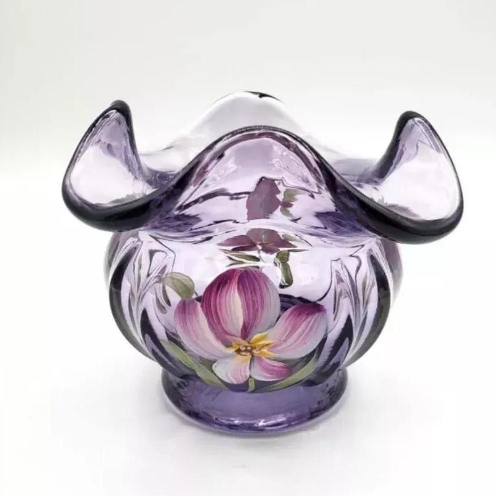 Fenton Glass Aurora Hand Painted Signed Purple Amethyst Ruffled Rose ...