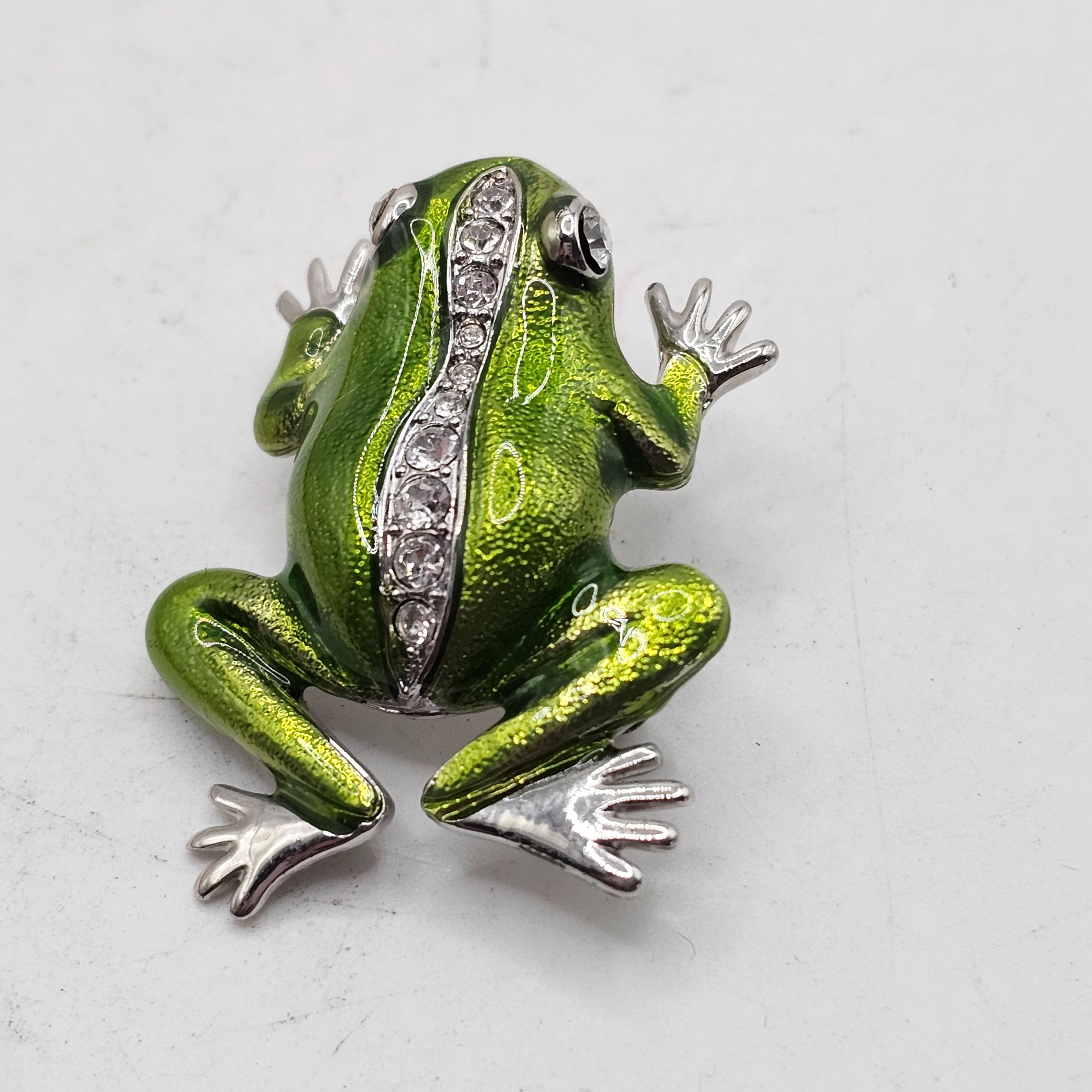 Silver Tone Enamel Frog Brooch Pin With Clear Stone Bling