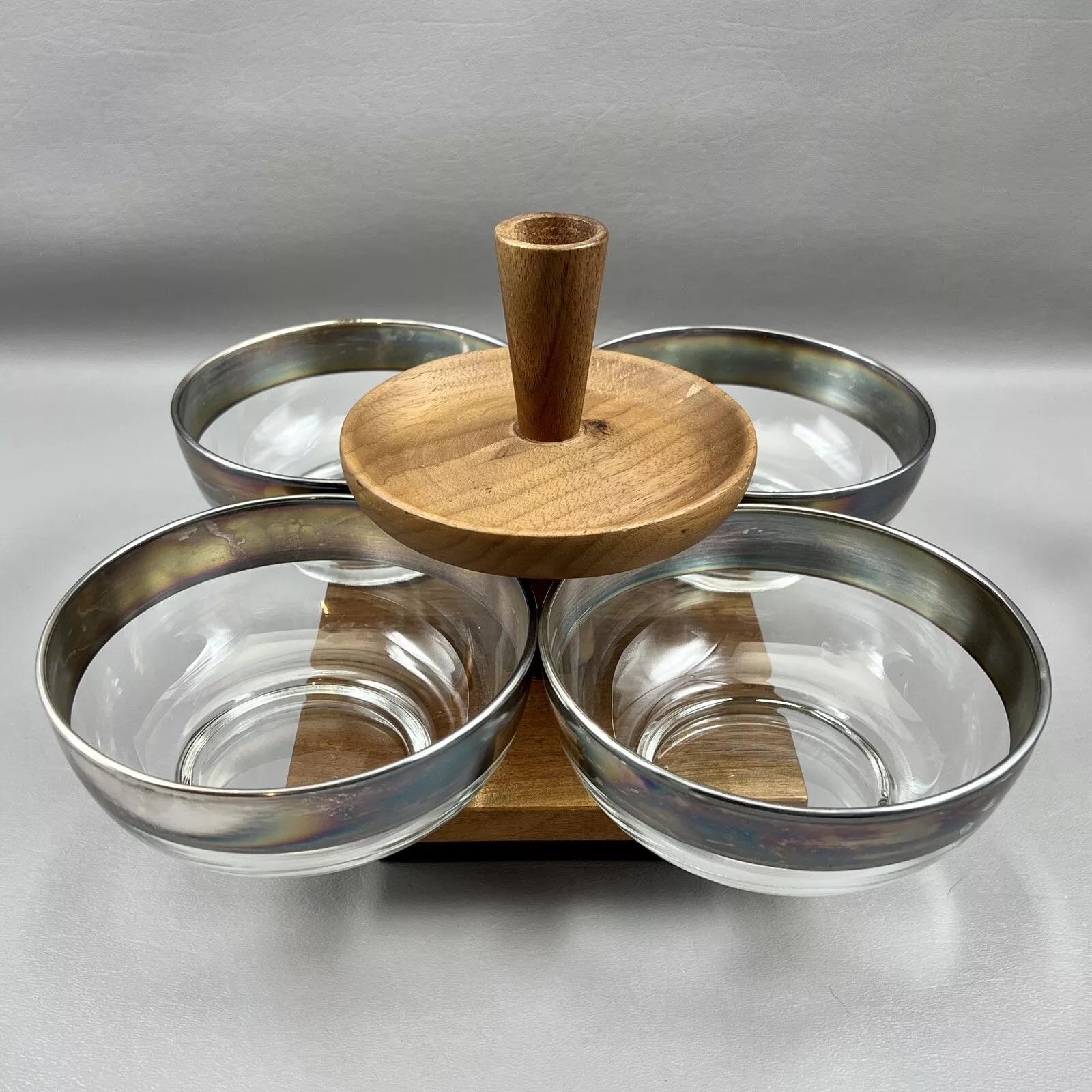 Vintage Dorothy Thorpe 4Pc Glass Bowl Set With Solid Walnut Revolving ...