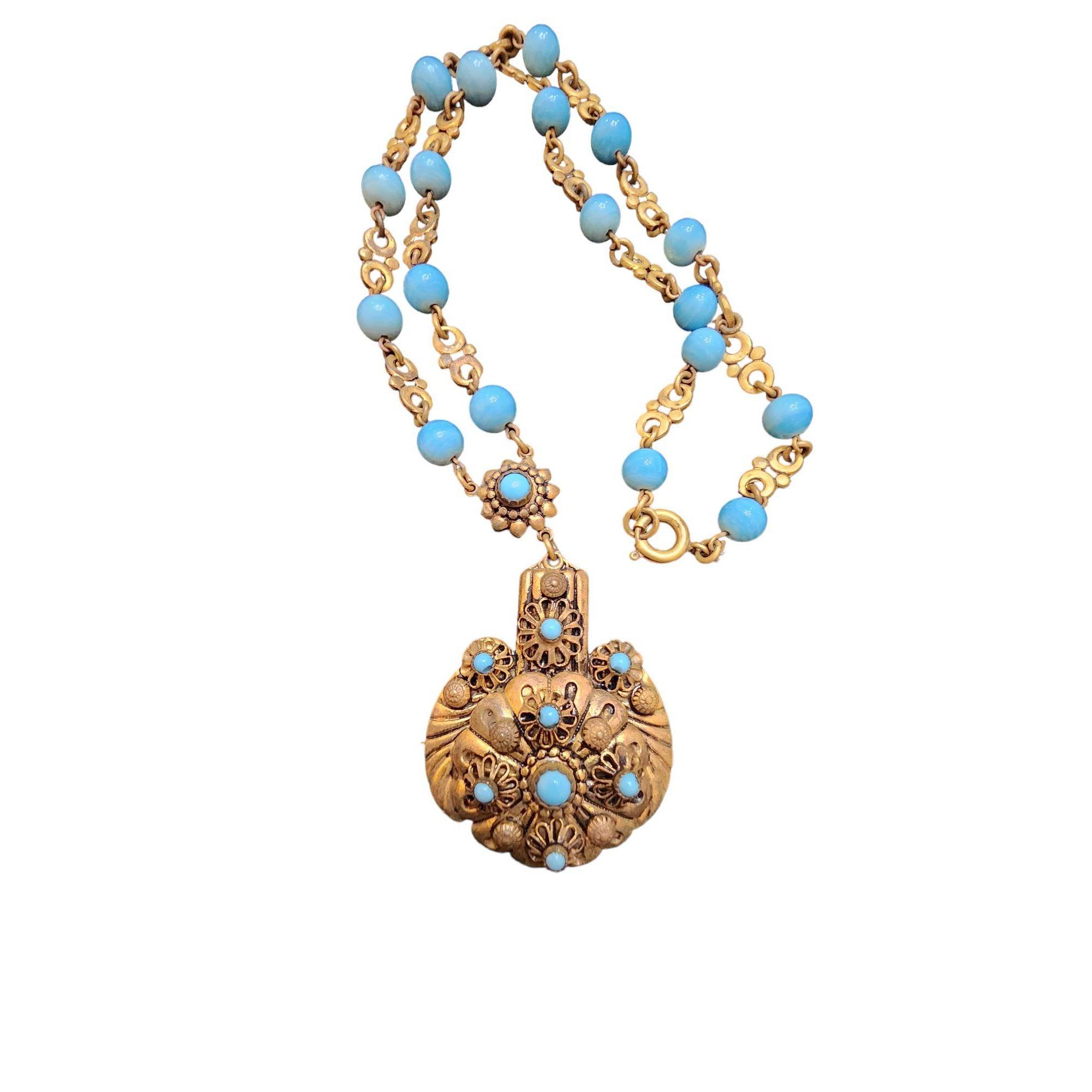 Vintage Unsigned Czech Elaborate Brass & Glass Pendant Necklace (A2742)